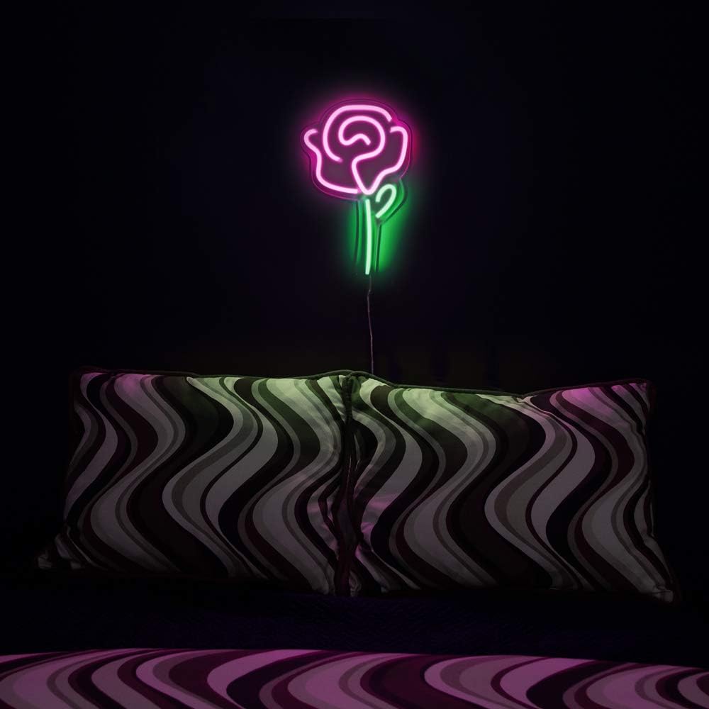 Auledio 15" x 9" LED Neon Pink Rose with Green Stem Wall Sign, USB ...