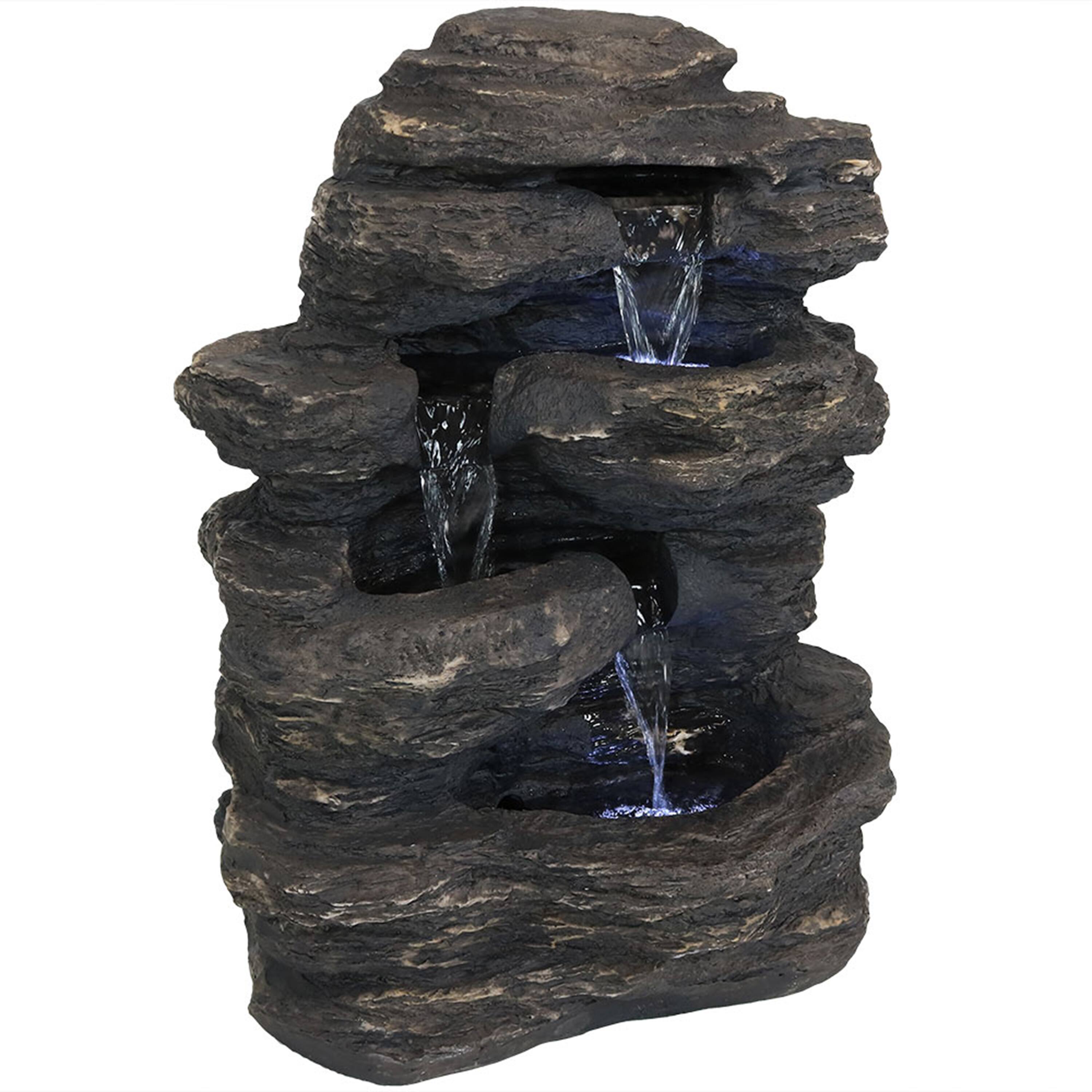 Sunnydaze Polystone Rock Falls Waterfall Fountain with LED Lights 24 in ...