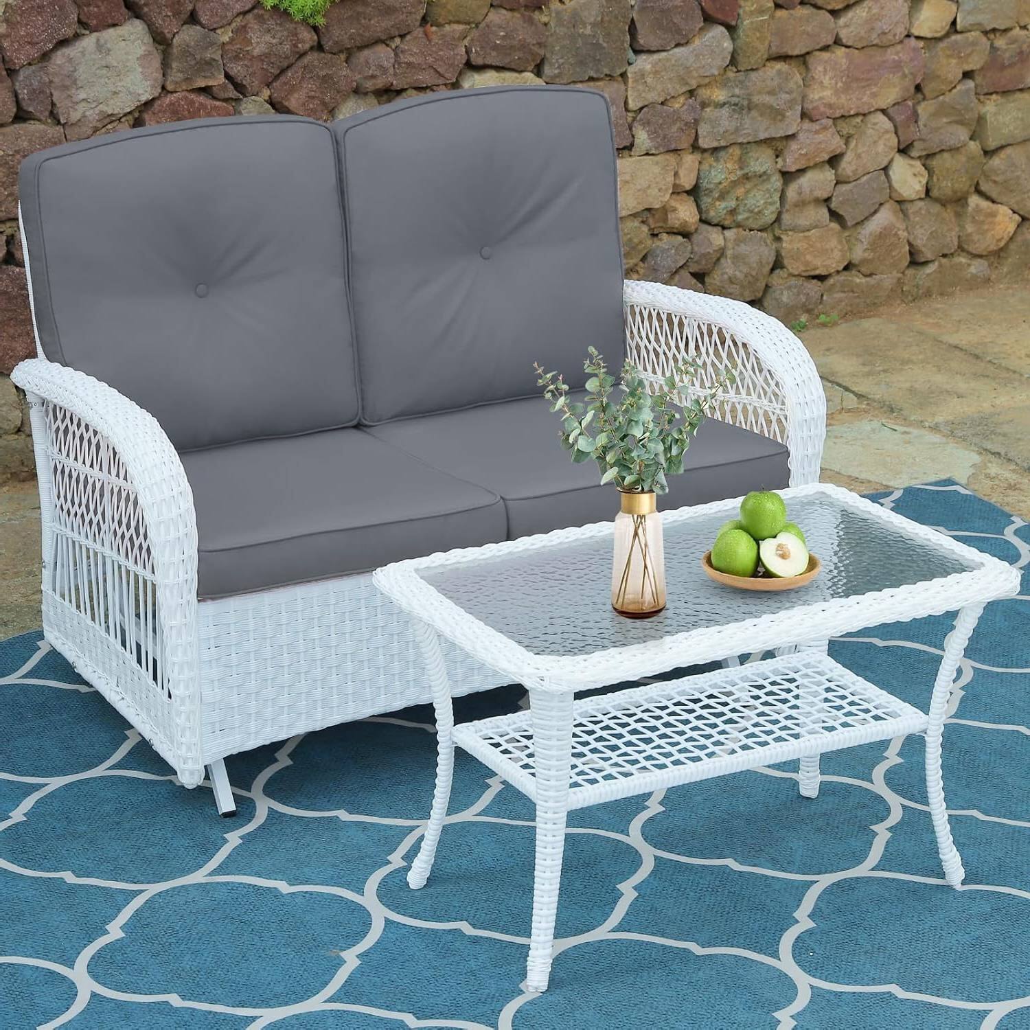 Hivvago 2 Piece PE Wicker Glider Loveseat Bench with Grey Cushion and ...