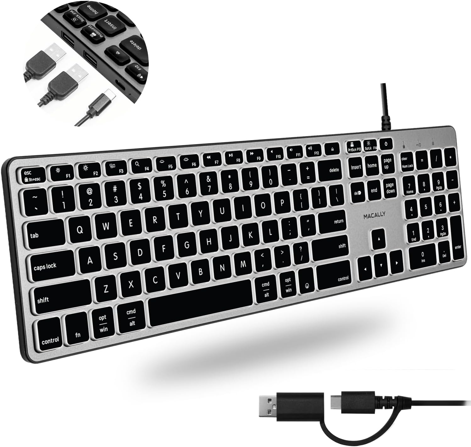 Macally Wired Keyboard for Mac with USB Hub (2X USB A / 1x USB C) Space ...