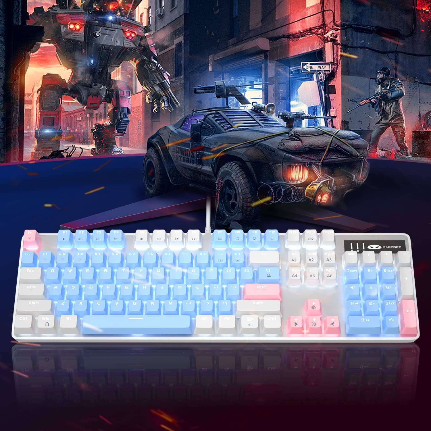 Stamp n Camp Mechanical Gaming Upgraded Blue 104 Keys White Backlit ...