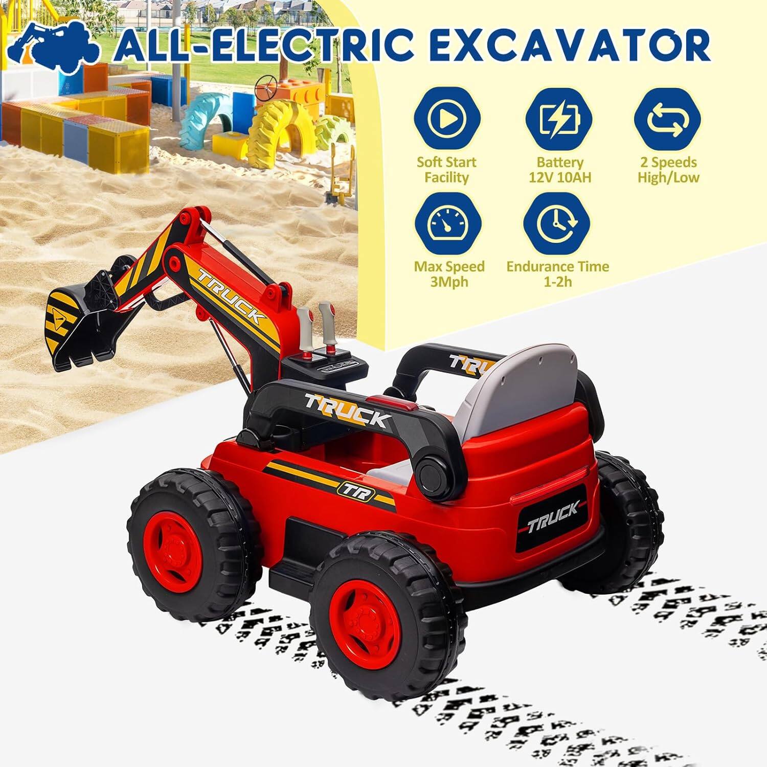 Acekool Electric Ride On Excavator Toy 12V 4WD for Kids, Remote ...
