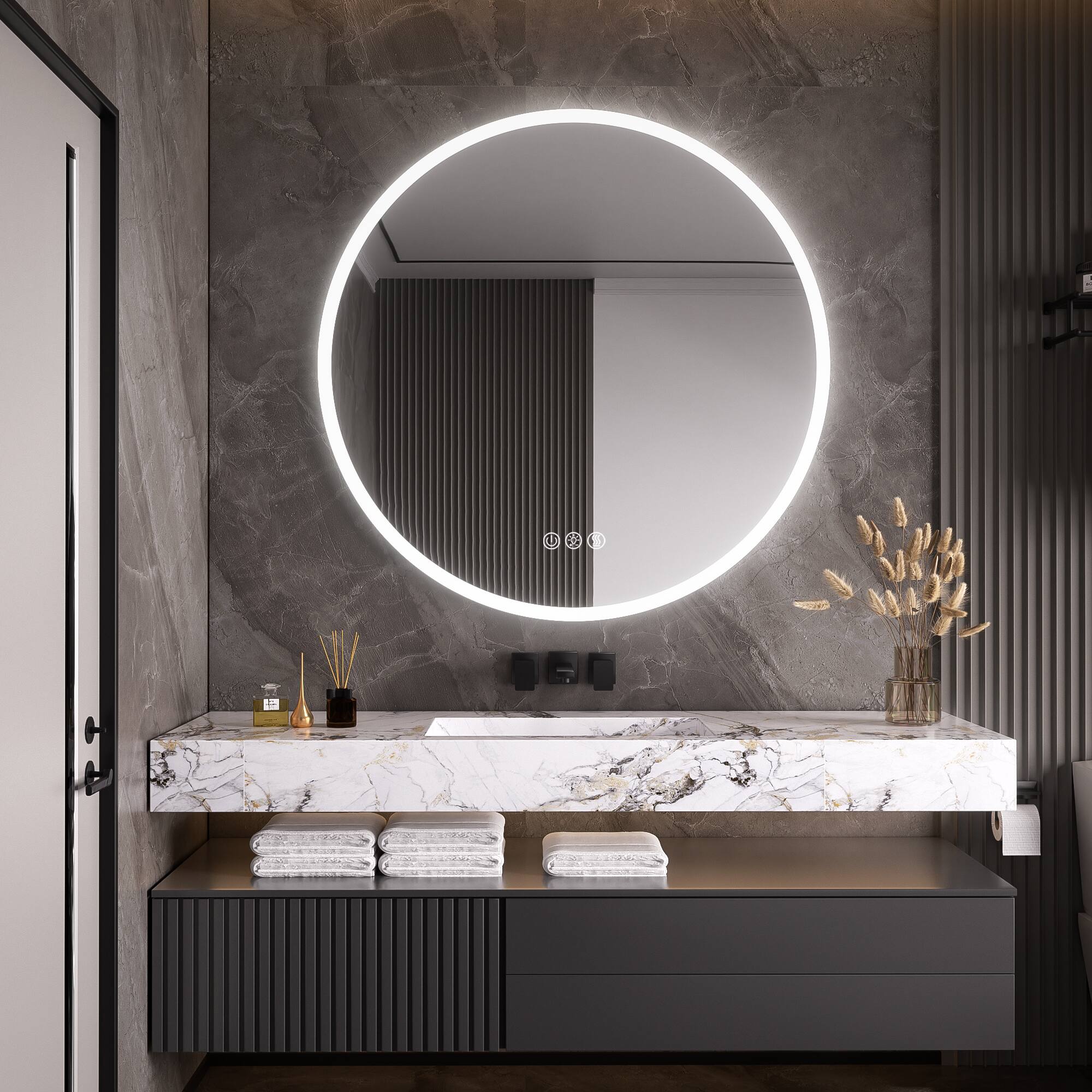 LOVMOR 44 x 44 Inches Round Tempered Glass LED Bathroom Mirror with ...
