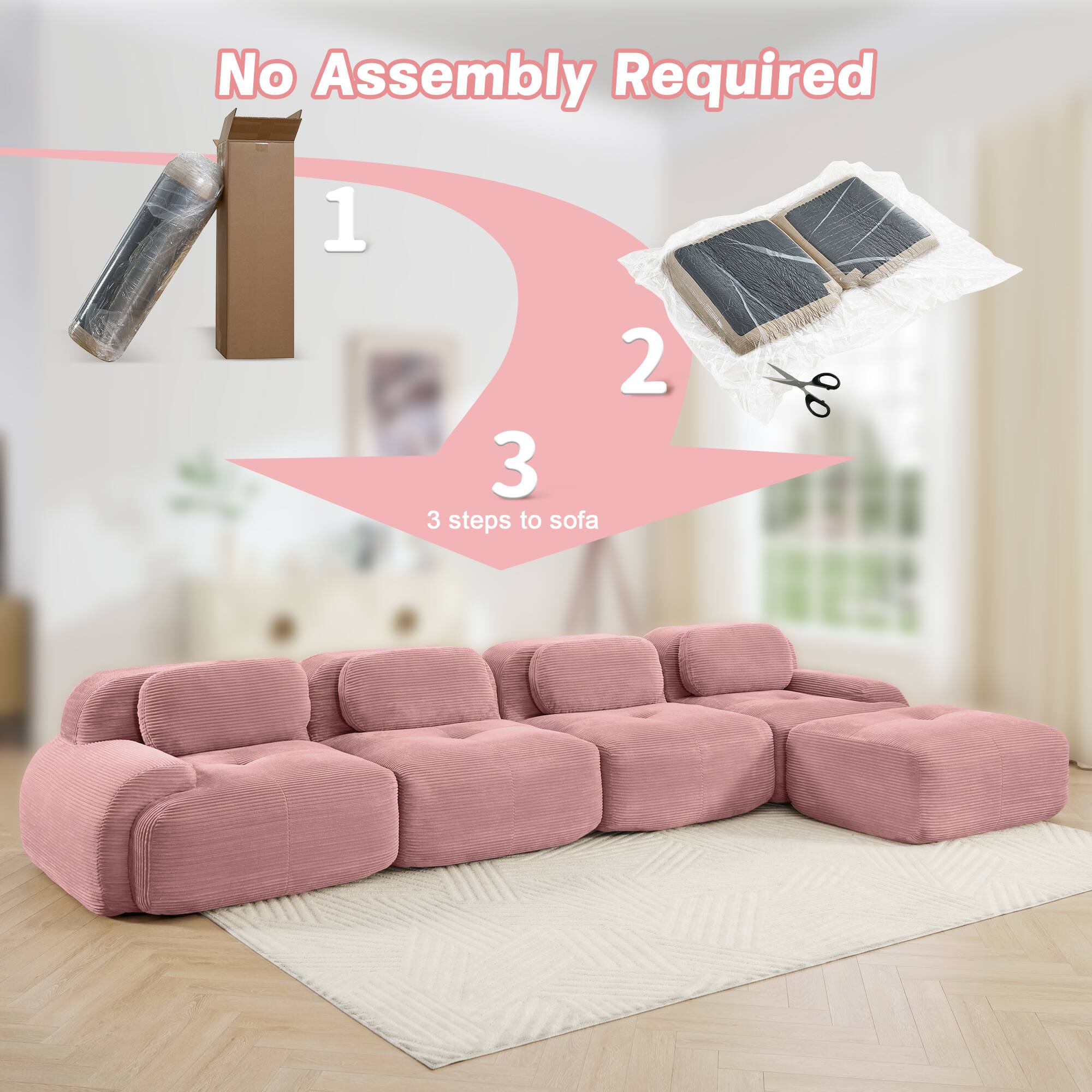 Aukfa 4 Seats + Ottoman Modular Corduroy Sectional Sofa Ergonomic ...