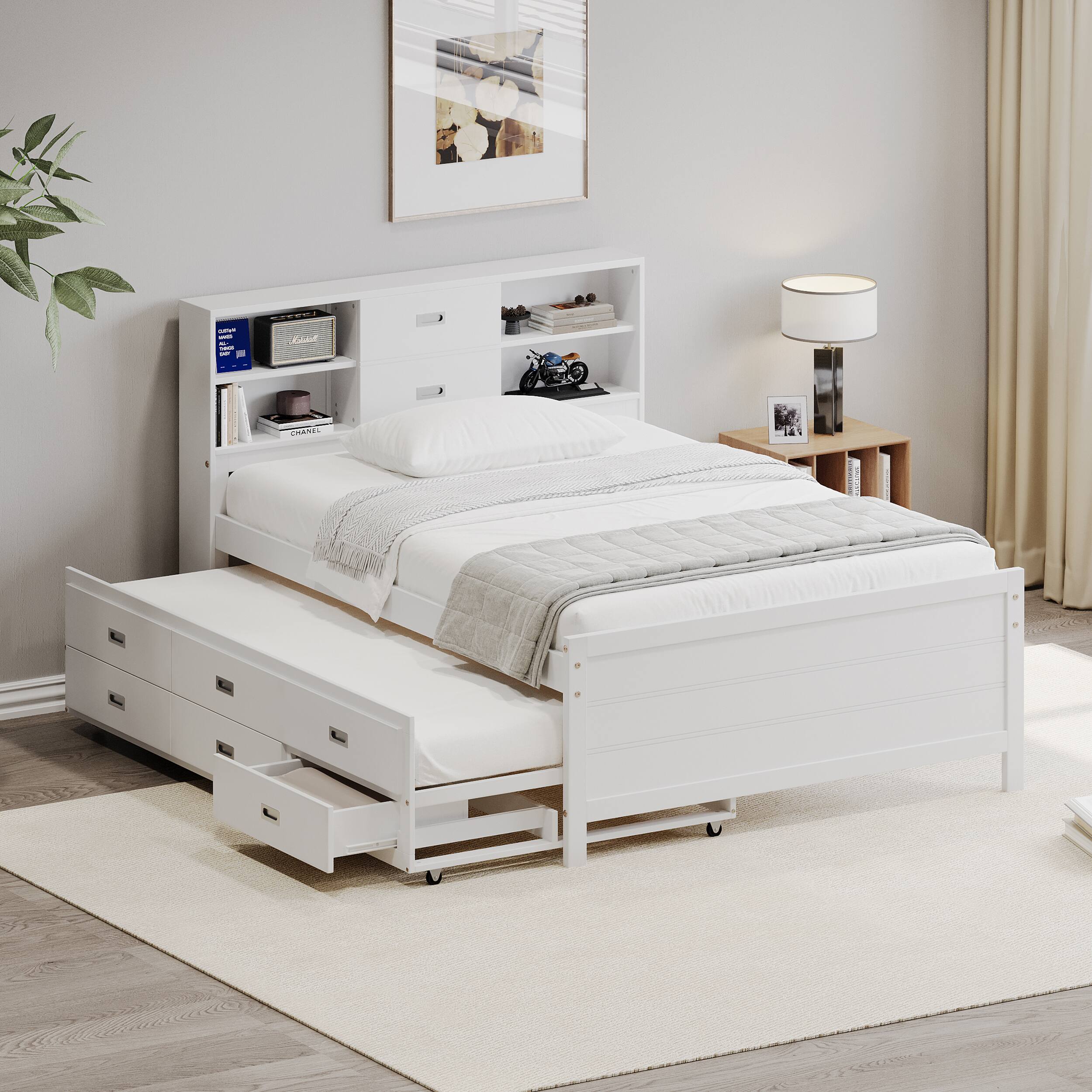 Tiramisubest White Solid Wood+MDF 3 Drawer Trundle Bed, No Box Spring ...
