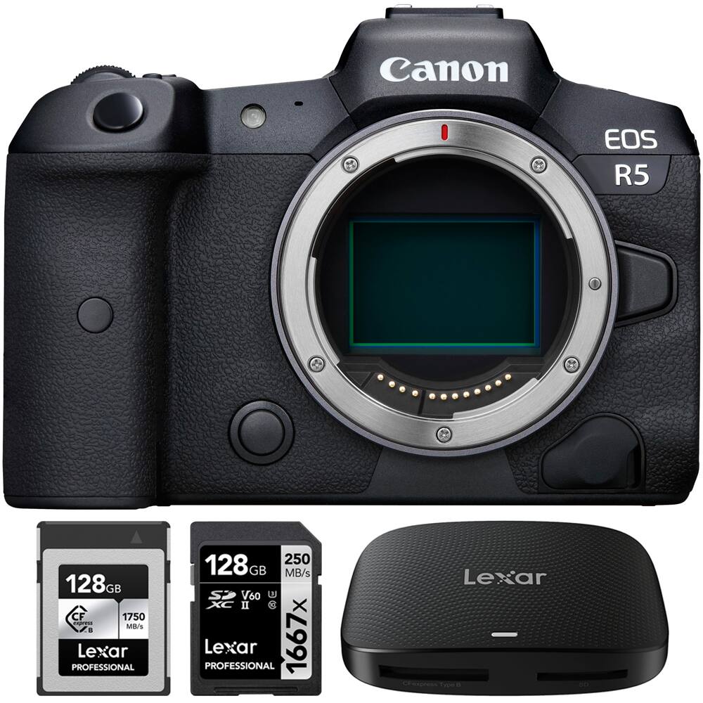 Canon EOS R5 Mirrorless Camera Body + 128GB CFexpress Card + 128GB Card ...