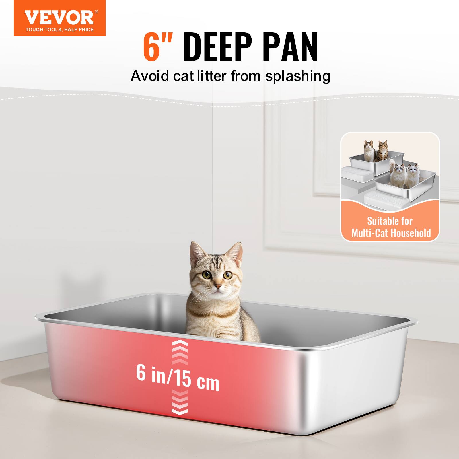 VEVOR Cat Litter Box, 6 inches Deep, XL Extra Large Stainless Steel Cat ...