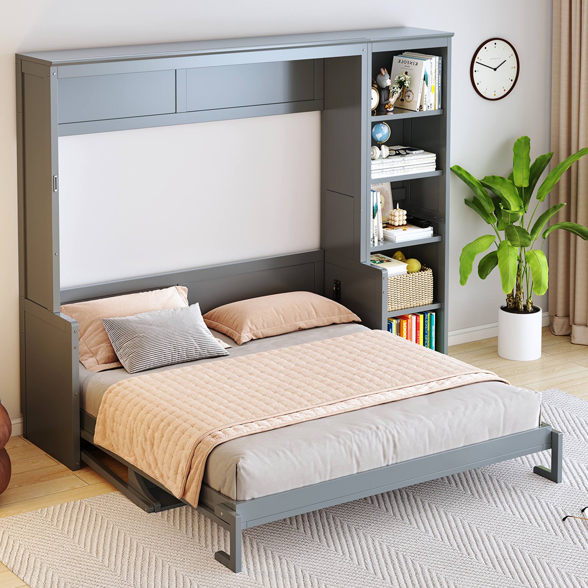 Whisen Queen Size Murphy Bed with Desk and Bookshelf, Space Saving ...