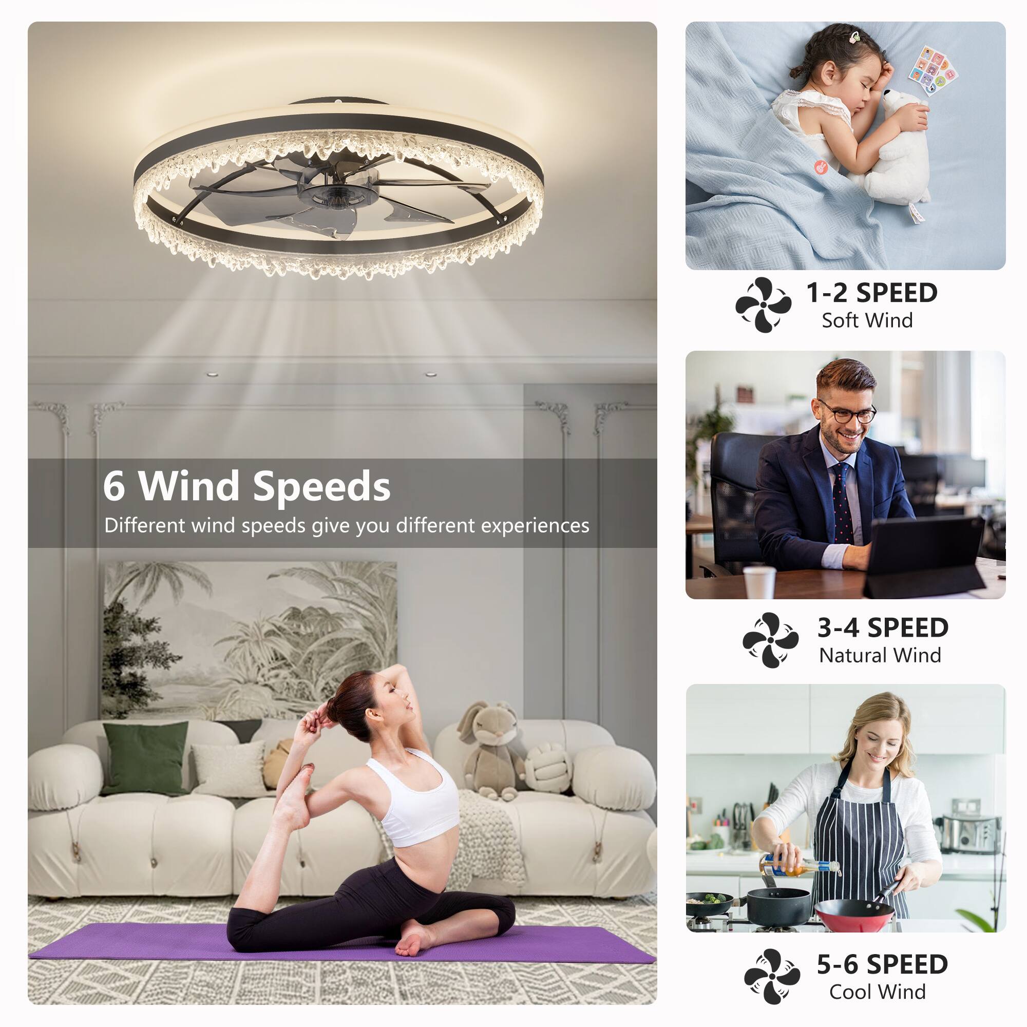 APRILSOUL Modern LED Ceiling Fan 24 inch Dimmable Crystal Blades Remote ...