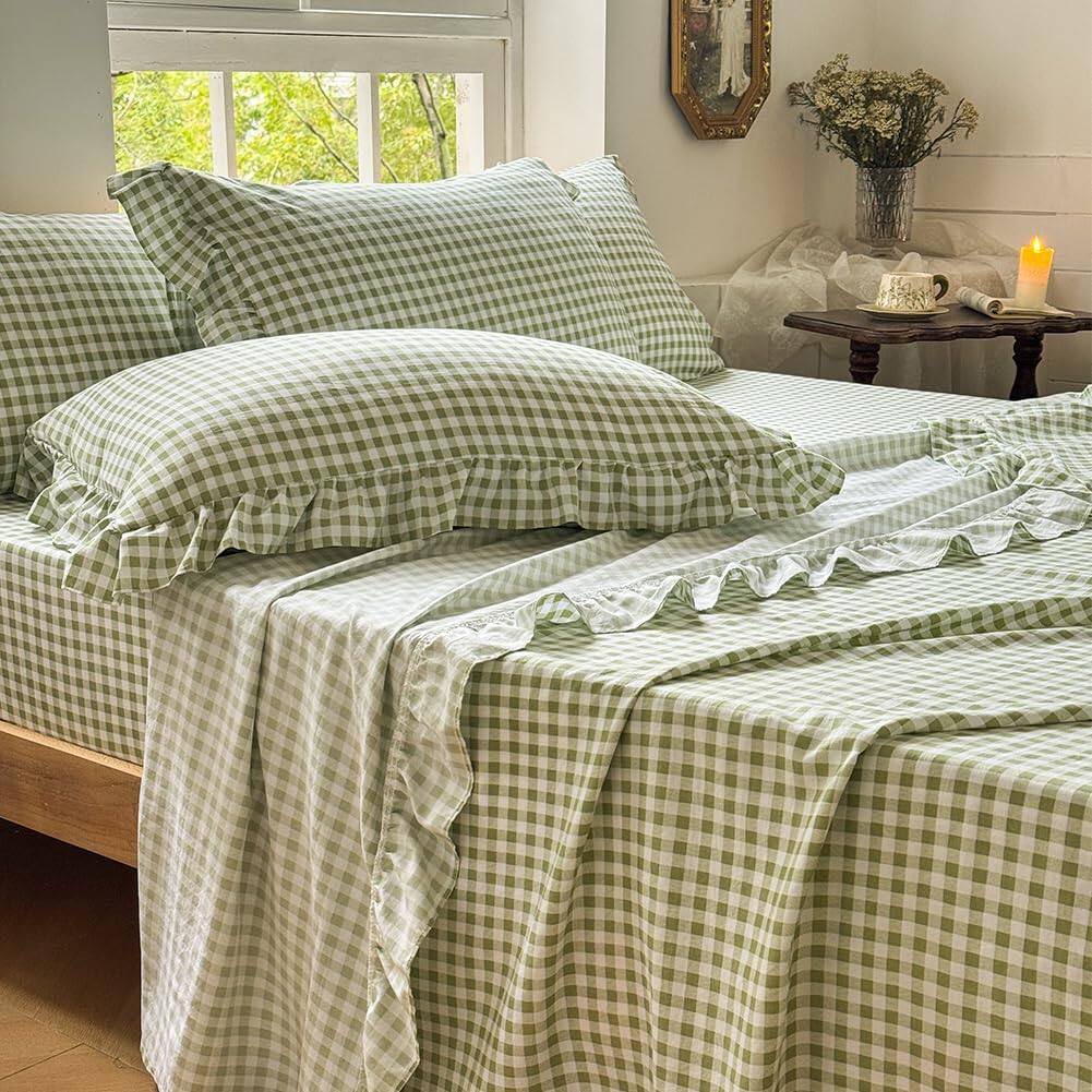 Dapper Styles Sage Gingham Ruffle Sheet Set Soft Pre washed Microfiber ...