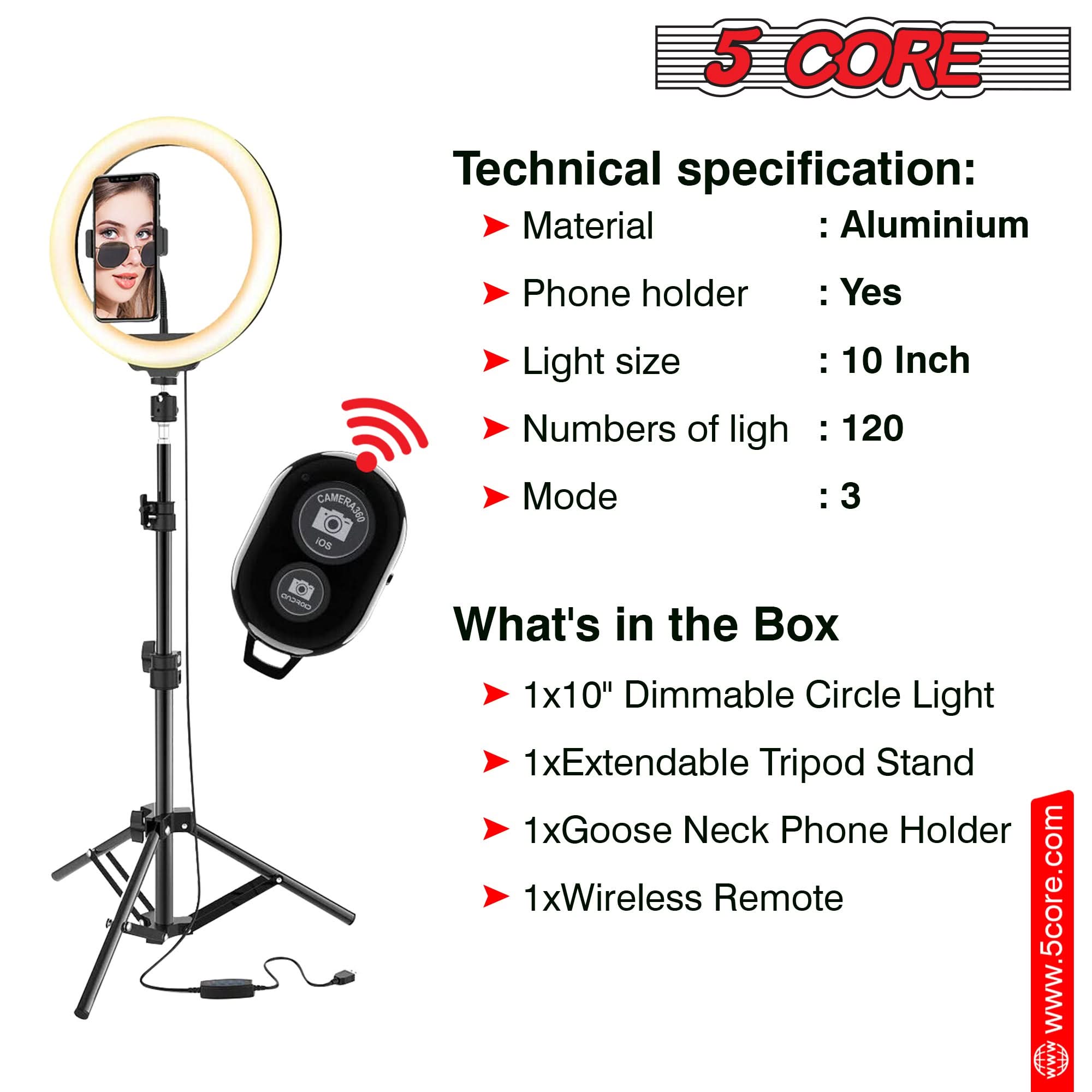 5 CORE 12" Selfie LED Circle Light with 67" Adjustable Tripod Stand ...