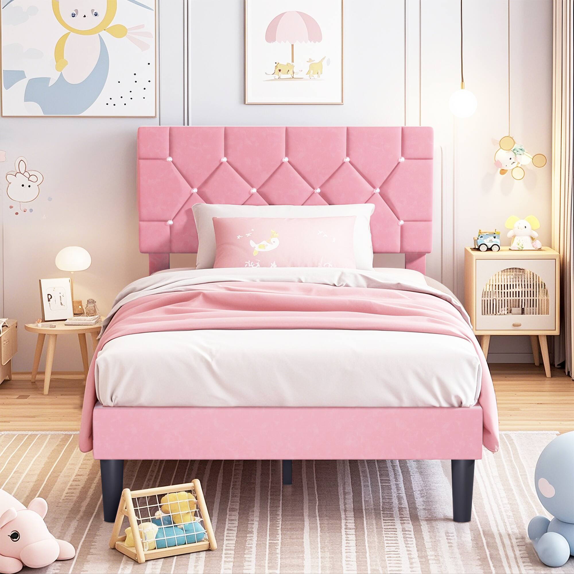 Vecelo Twin Bed Frame with Upholstered Headboard, Heavy Duty Wooden Bed ...