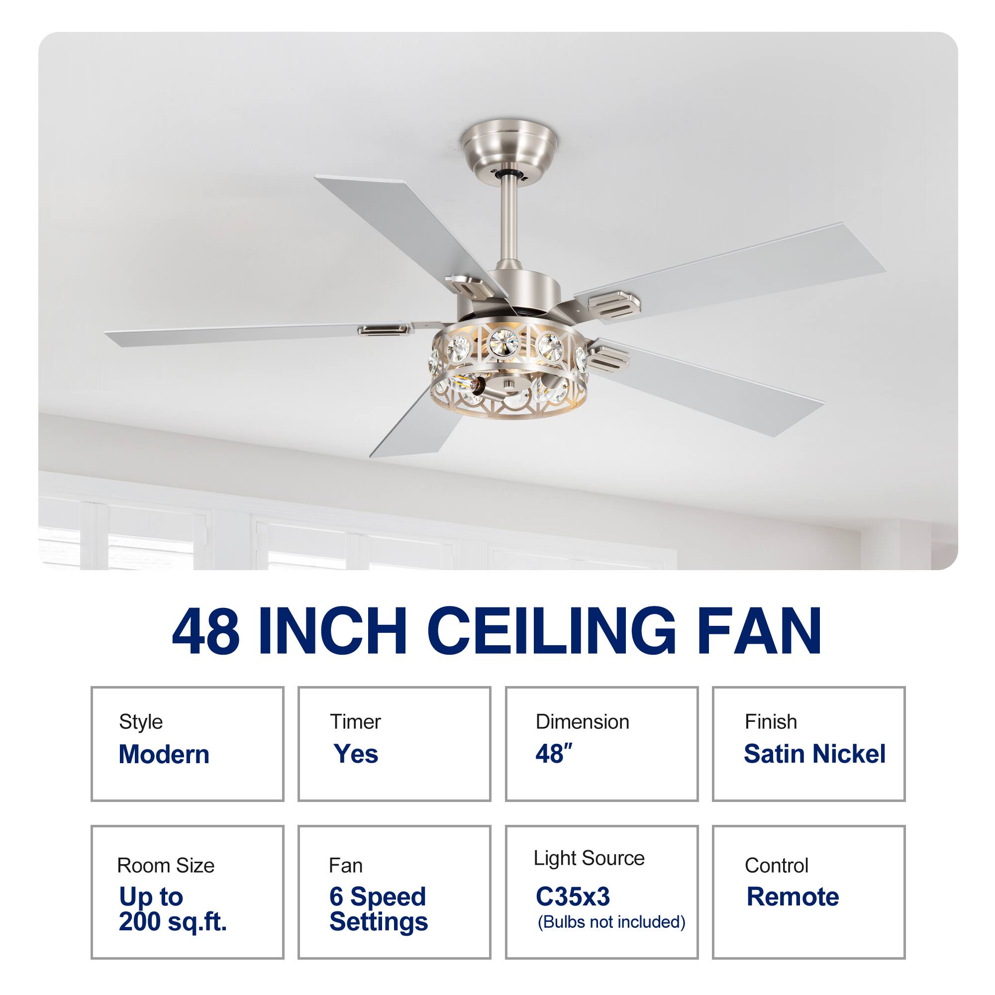 Breezary 48 Inch Ceiling Fan with 5 Plywood Blades, DC Motor, 6 Speed ...