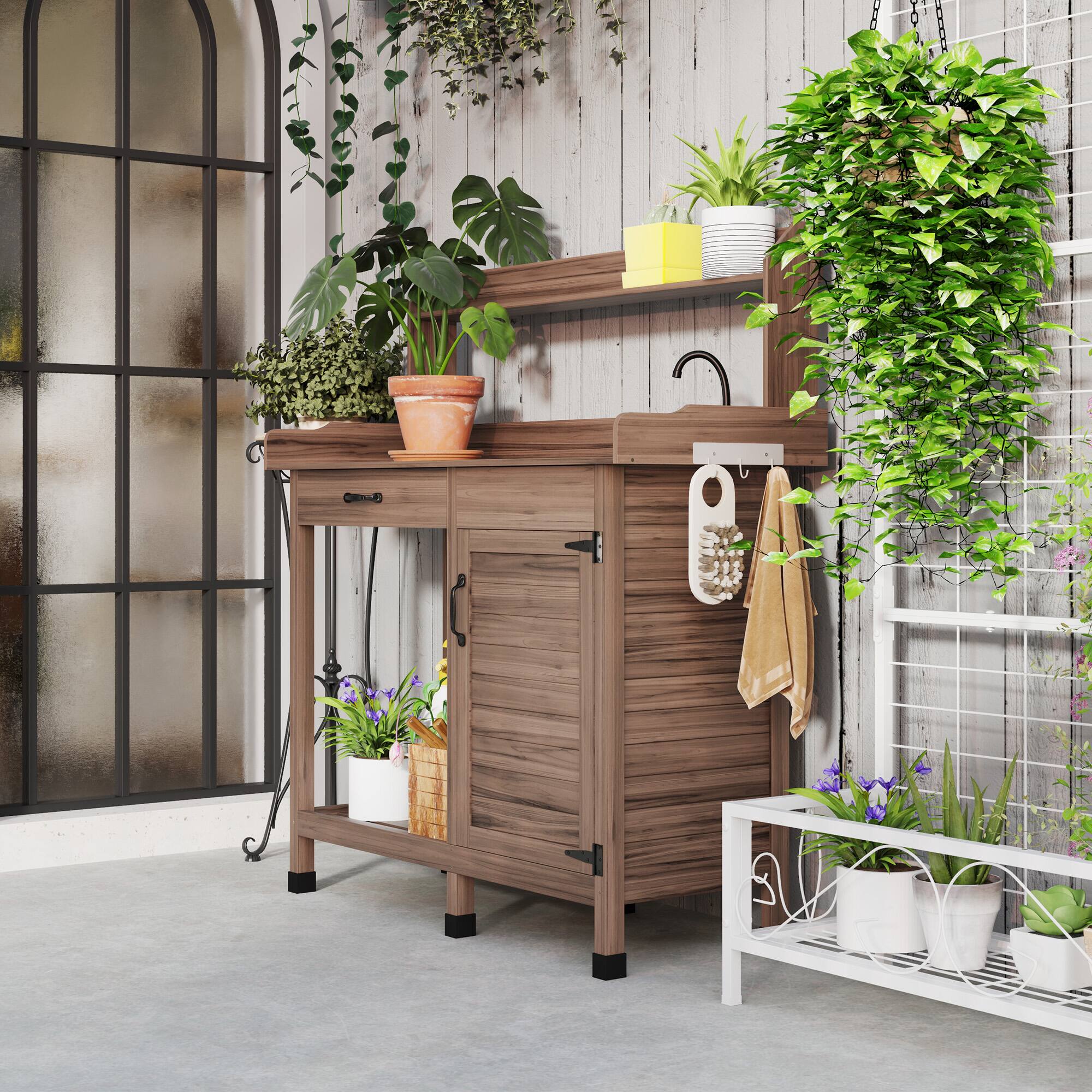 Outsunny Potting Bench Table with Sink, Outdoor Work Bench Table with ...