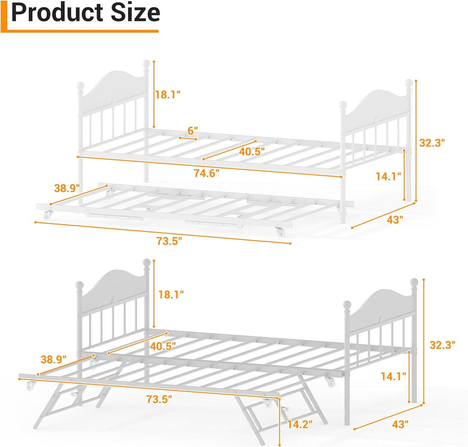 GARVEE Metal Twin Bed Frame with Pop Up Foldable Trundle, Sofa Bed with ...