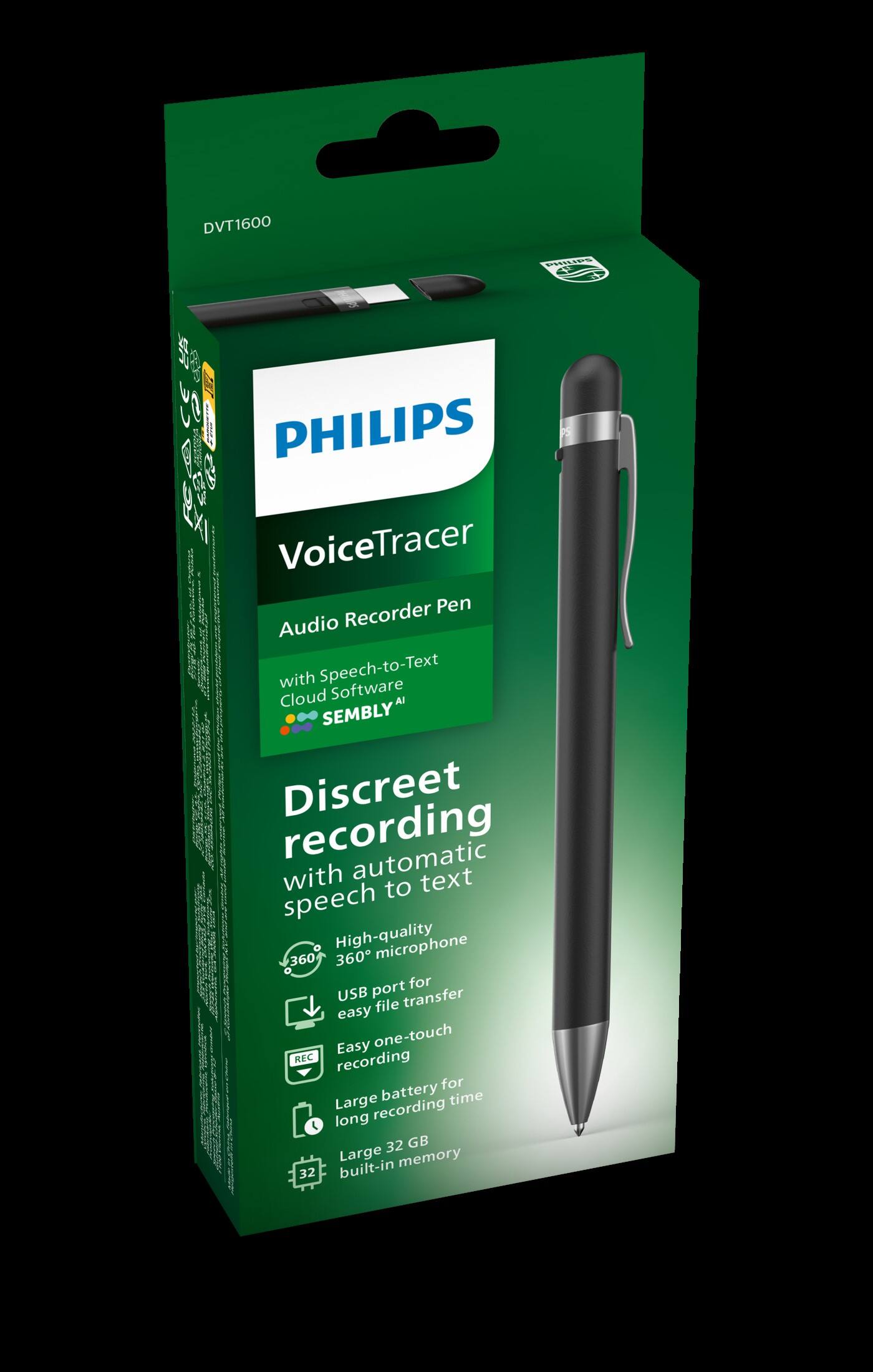Philips VoiceTracer DVT1600 32GB Digital Voice Recorder Pen with Sembly ...