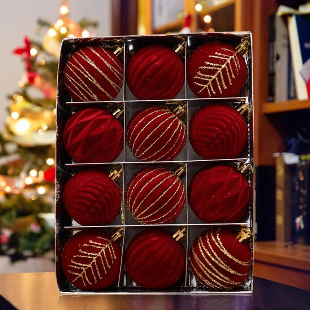 Auledio 12PCS Painted Velvet Christmas Ball Ornaments Christmas Tree ...