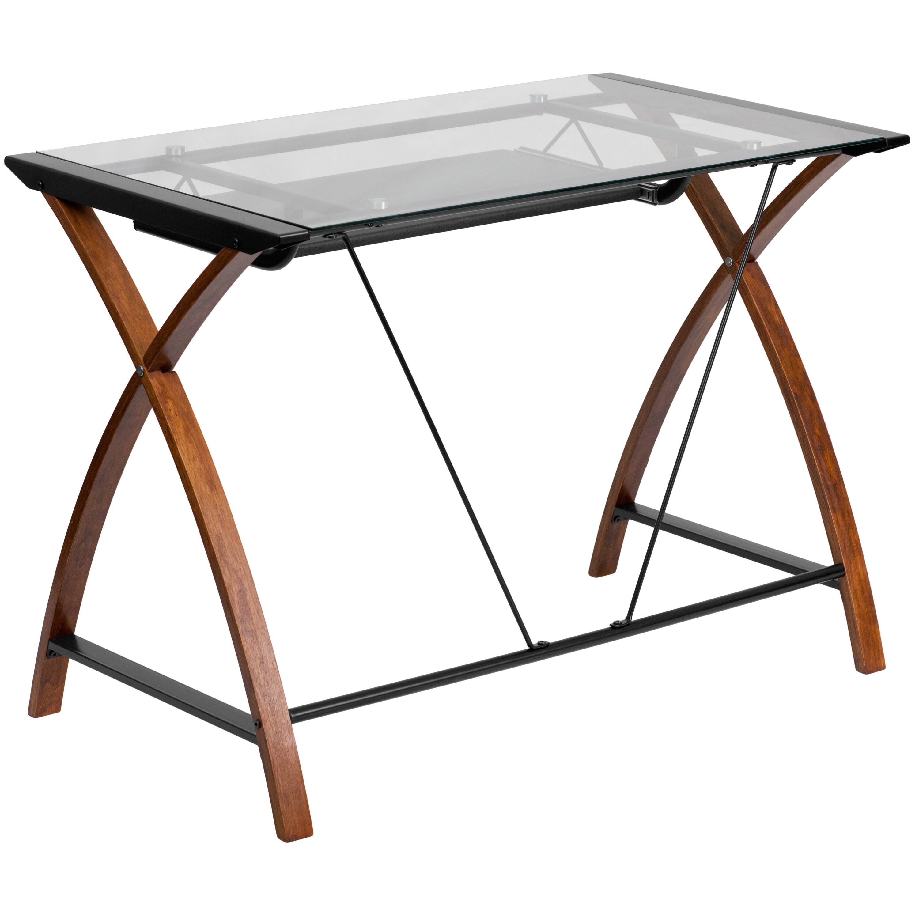 Emma + Oliver Glass Computer Desk Pull Out Keyboard Tray & Crisscross ...