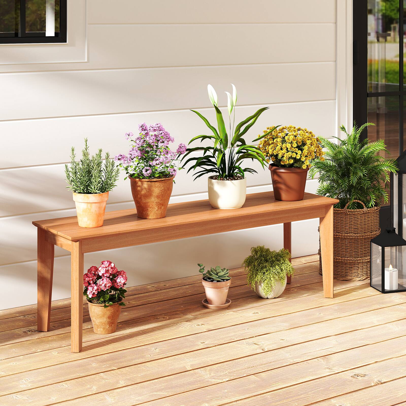 Gymax 55'' Teak Wood Bench 3 Person Backless Seating w/ 880 LBS Weight ...