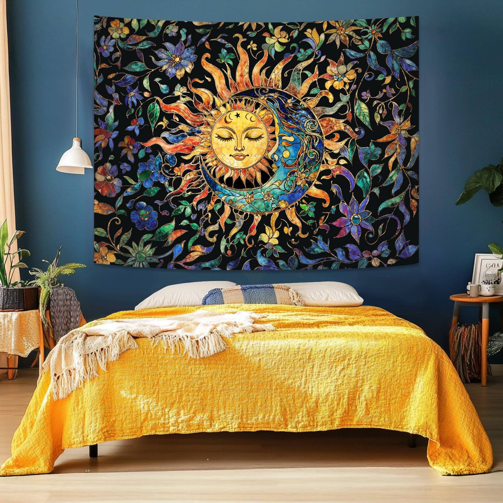 Dapper Styles Sun And Moon Tapestry For Bedroom Boho Hippie Floral Wall ...