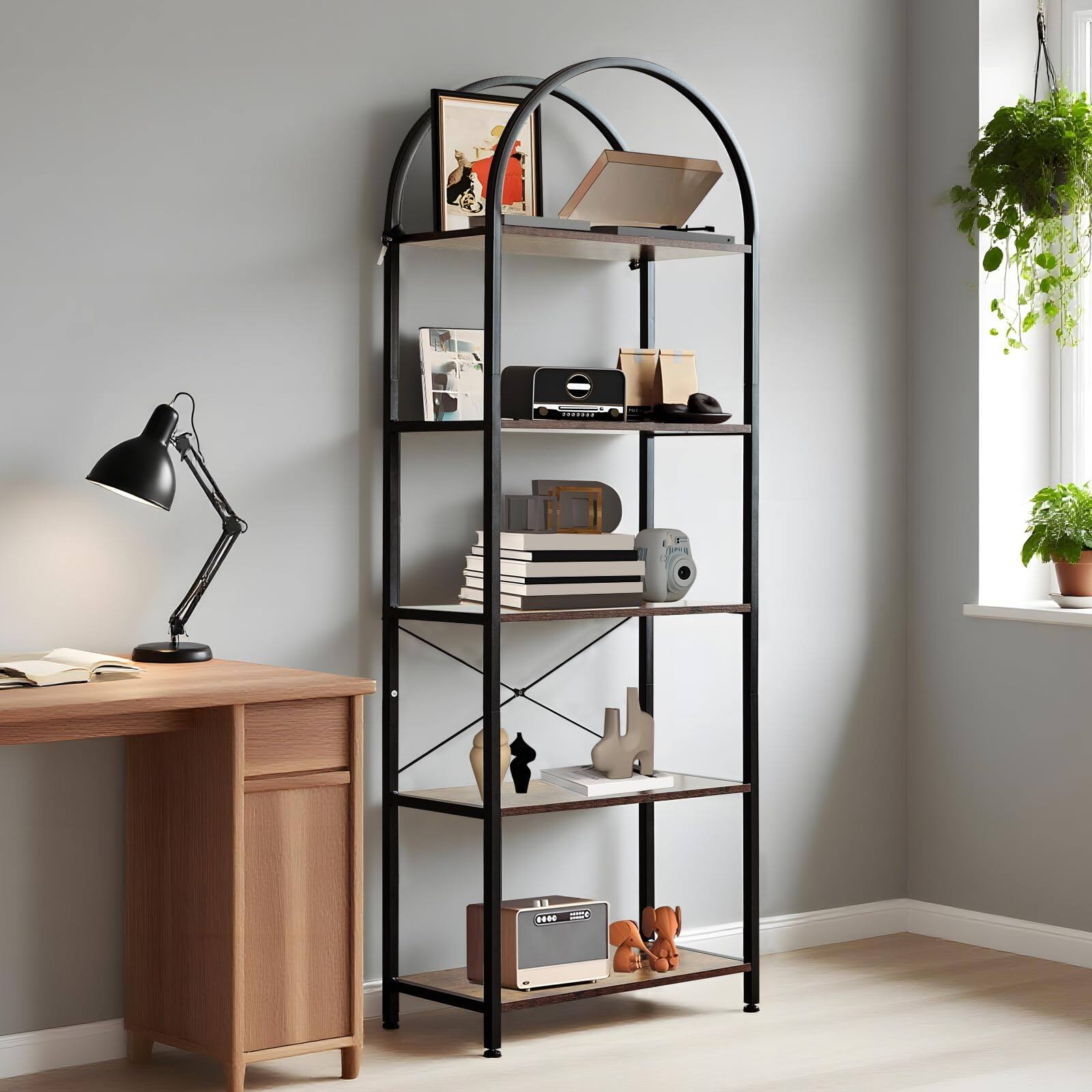 Acekool Arched Bookshelf 5 Tier,Tall Standing Display Racks with Metal ...