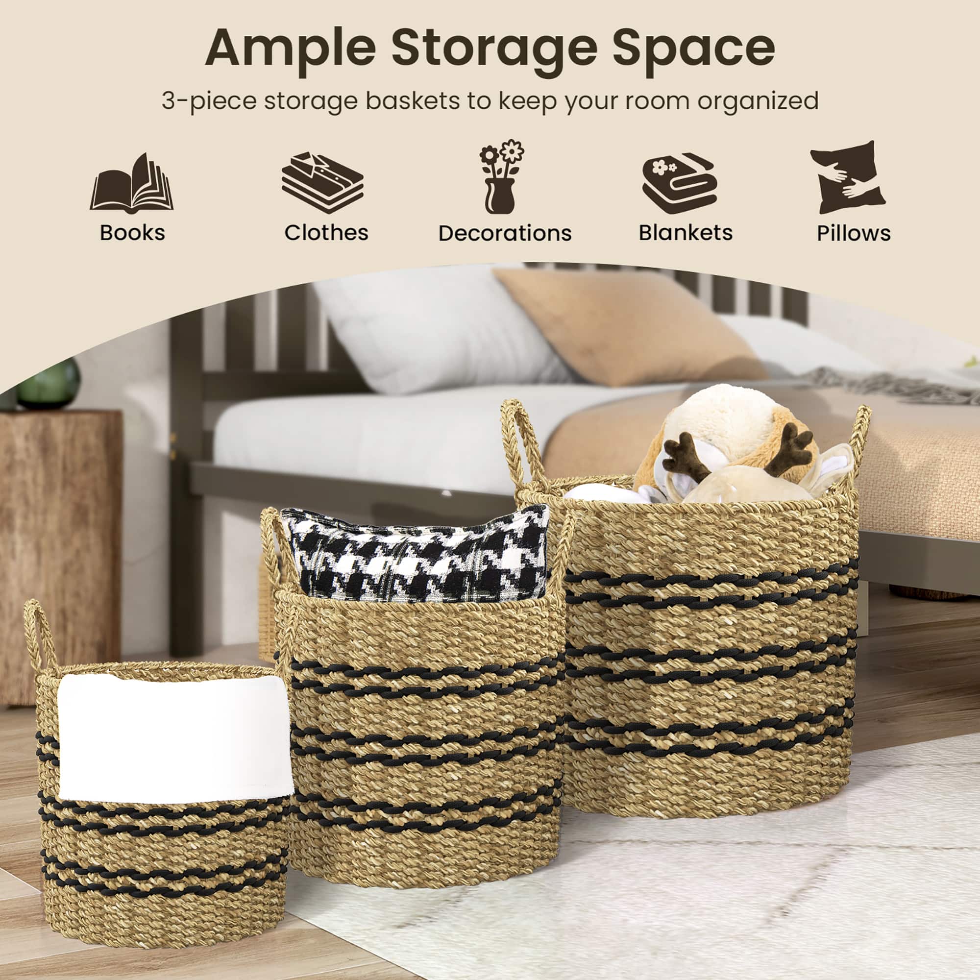 Best Buy: Costway Seagrass Basket Set of 3 Stackable Storage Bins w ...