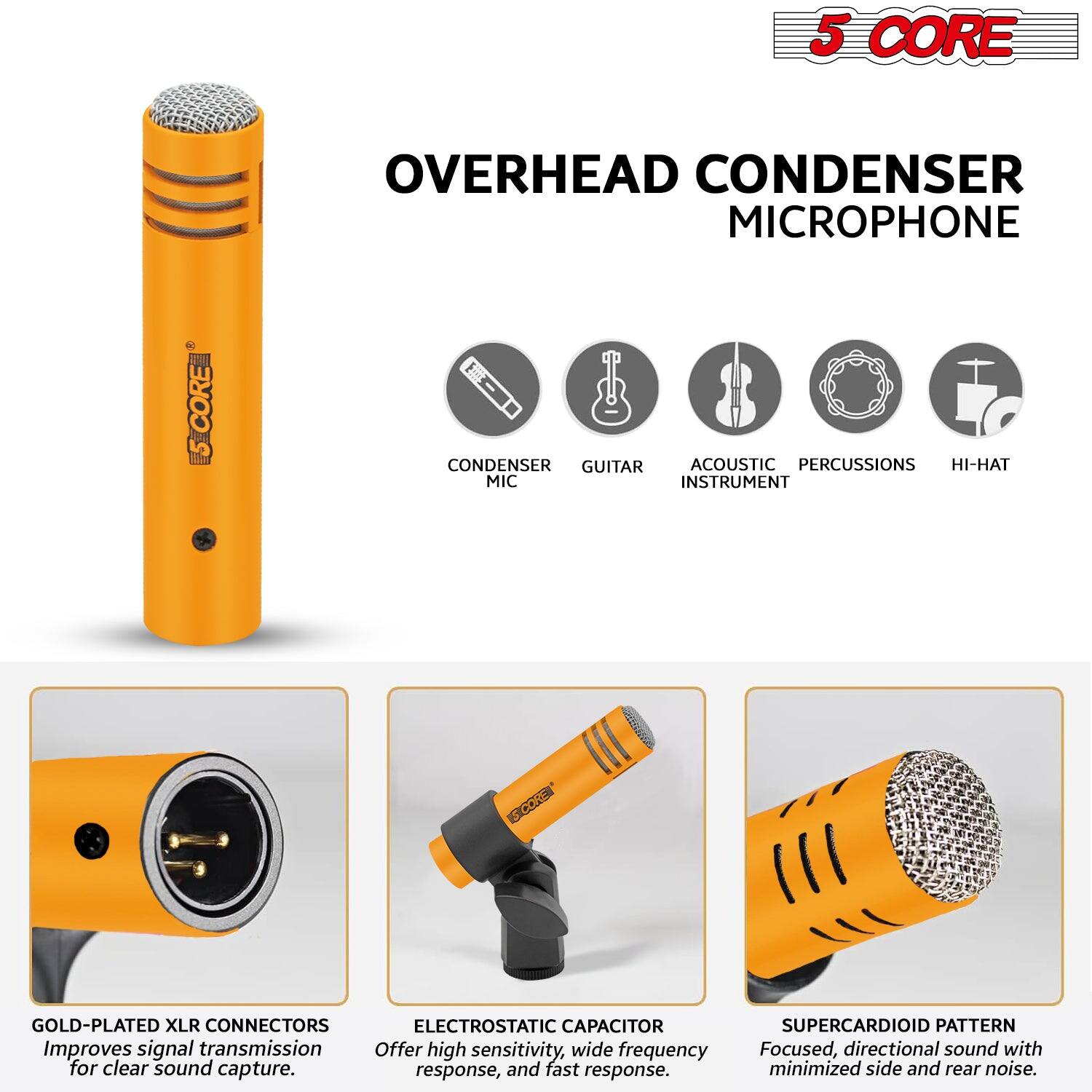 5 CORE Drum Mic Kit 7 Pcs Kick Bass Tom Snare Dynamic Microphone ...