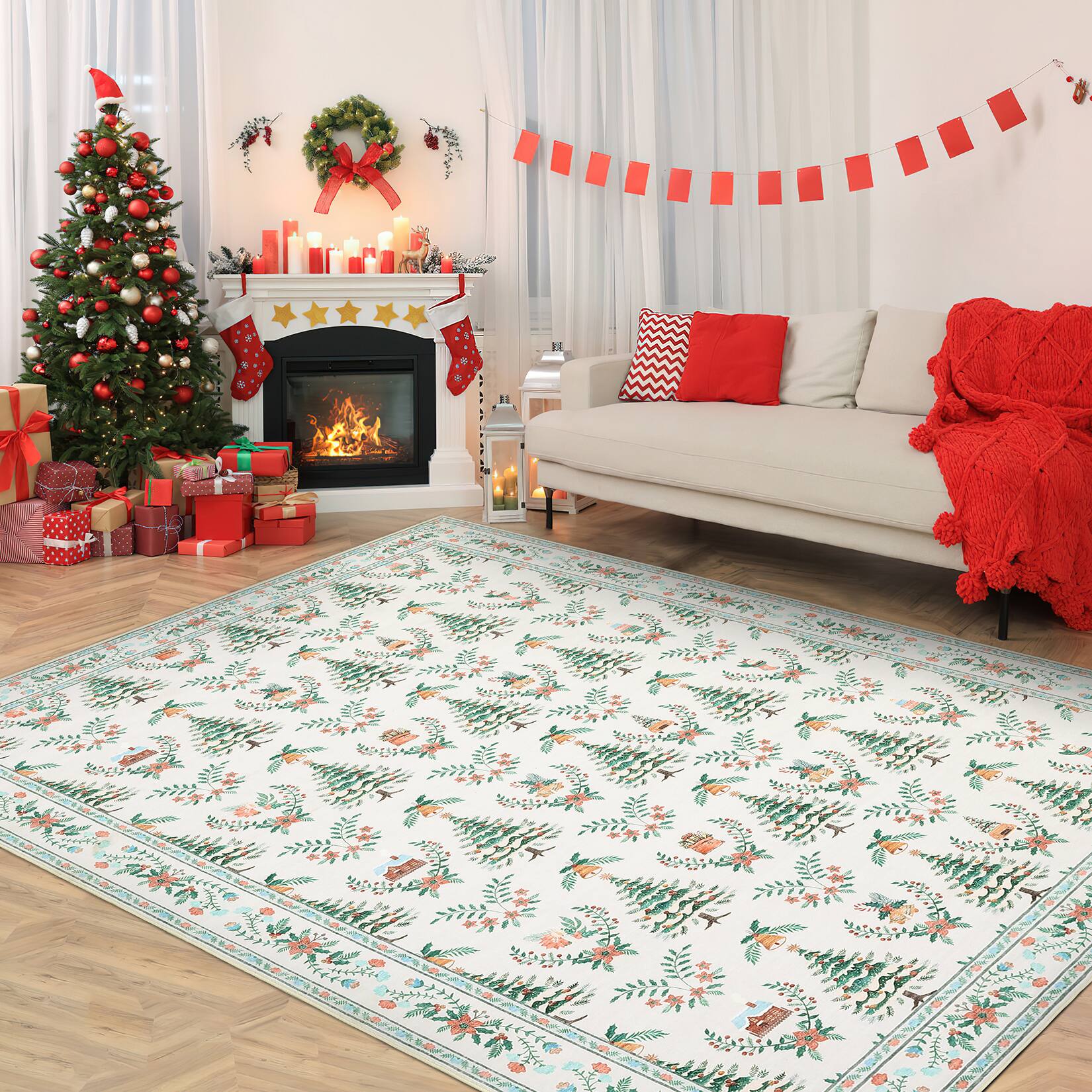 Jojoka 9x12 ft Christmas Runner Rug, Red Polyester, Christmas Tree ...