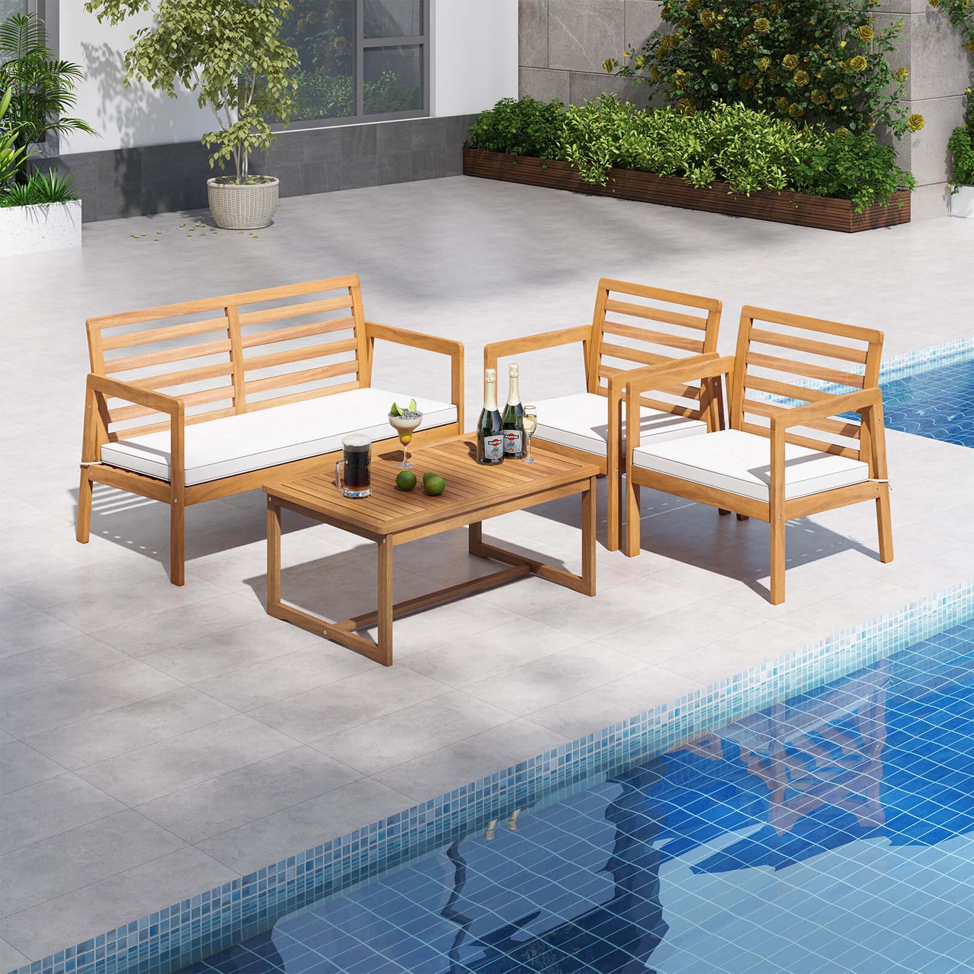 Costway 4 PCS Wood Patio Furniture Set with Soft Seat Cushions Solid ...