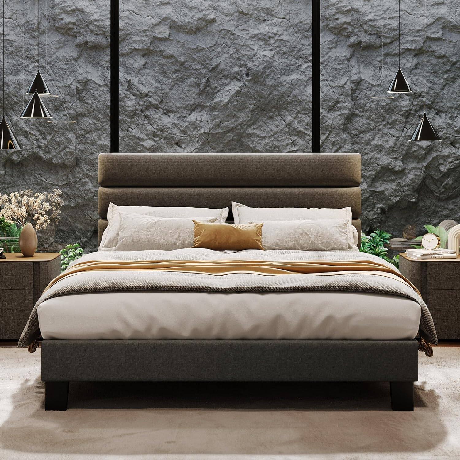 Jojoka Queen Bed Frame Platform with Adjustable Linen Headboard ...