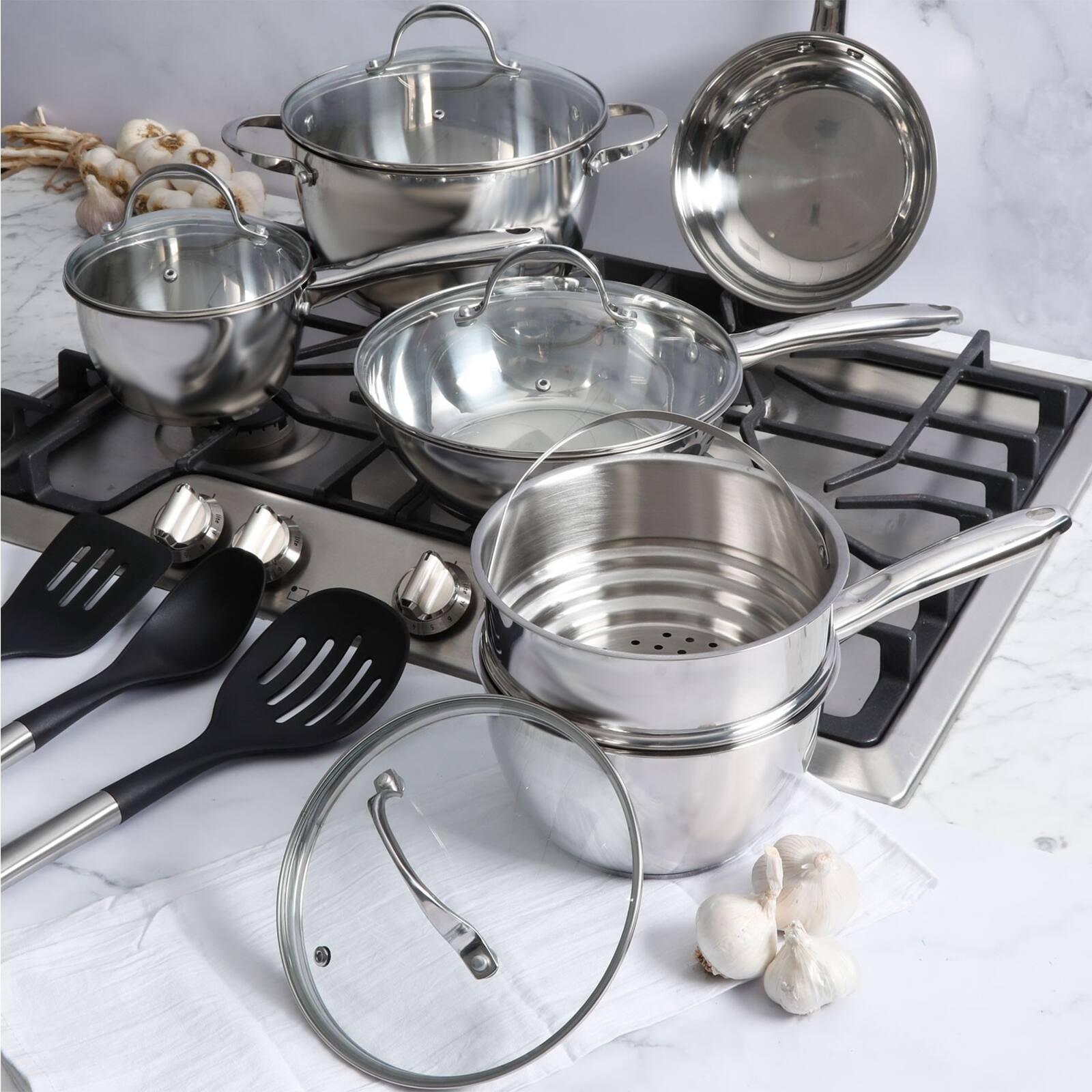 Oster Ridgewell 13 piece Stainless Steel Belly Shape Cookware Set Mirror Polish with Hollow ...