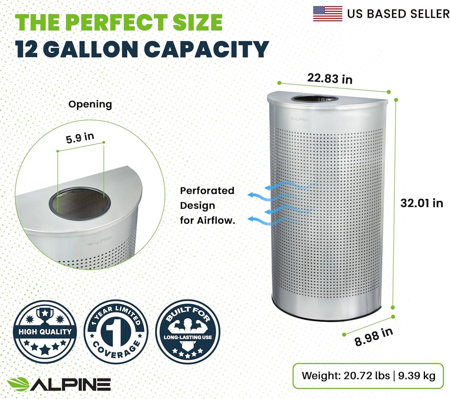 Alpine Industries 12 Gallon Stainless Steel Half Round Perforated Trash ...