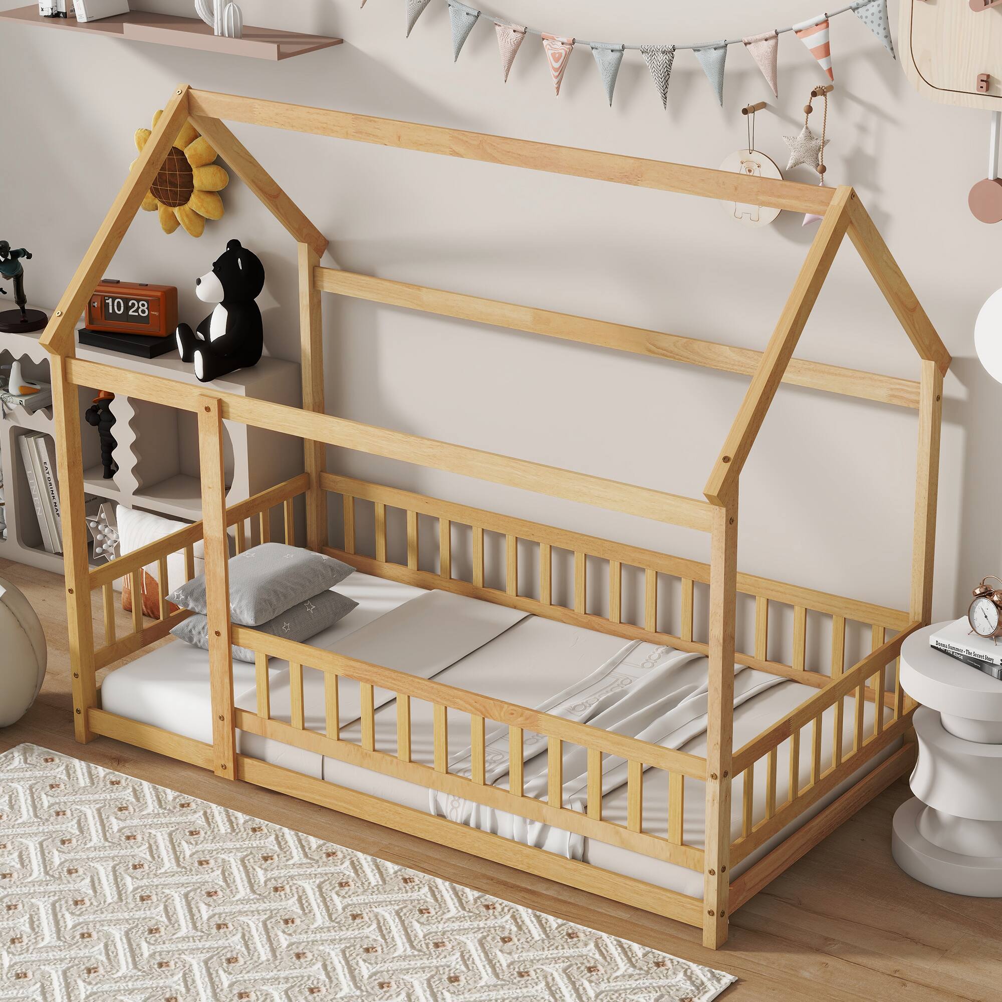 Tiramisubest Twin Size House Floor Wooden Bed with Roof Frame,Safety ...