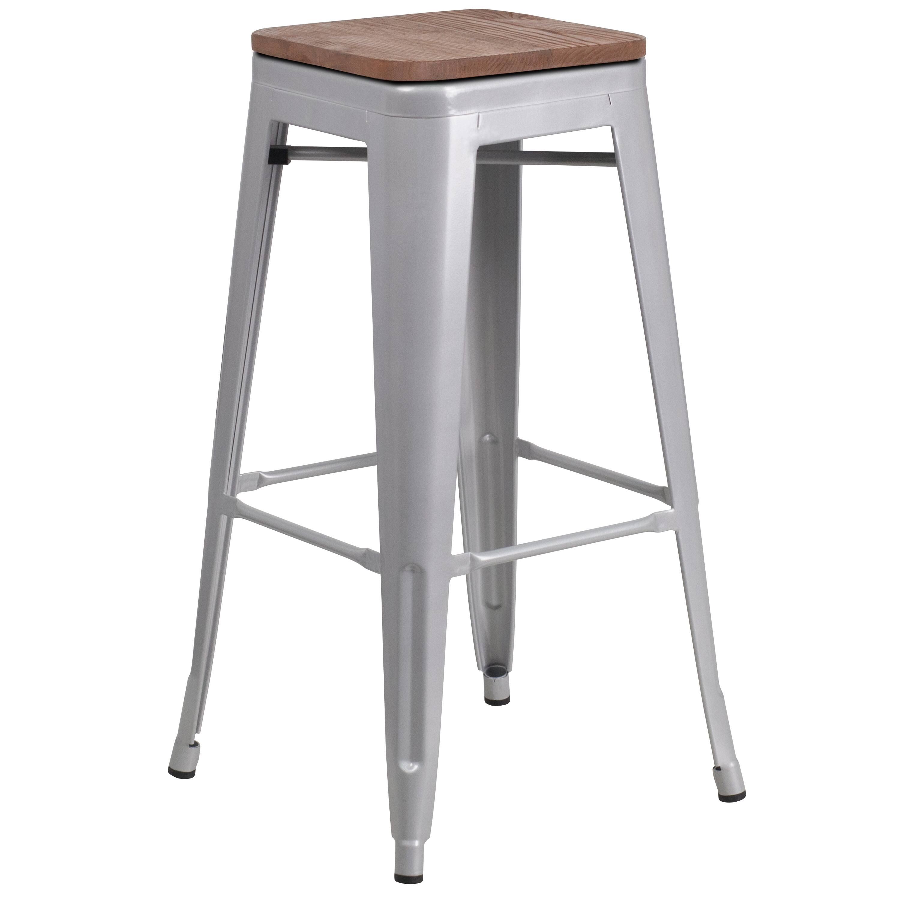 Emma + Oliver 30"H Backless Metal Barstool with Wood Seat Silver ...