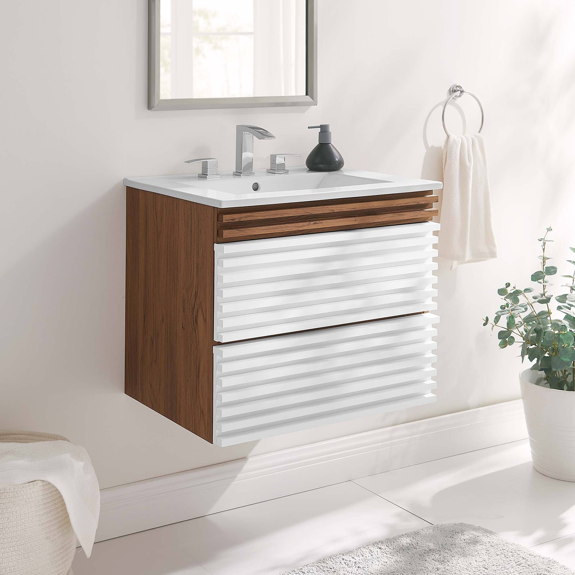 Modway Render Wall Mount Bathroom Vanity with White Basin Included ...