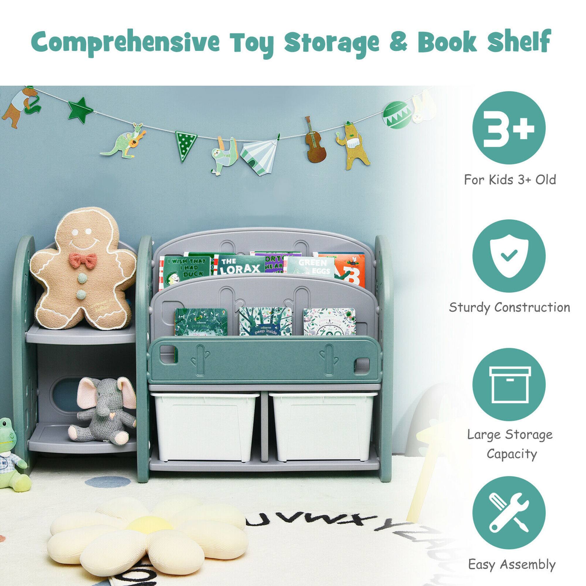 Costway Kids Toy Storage Organizer w/ 2 Tier Bookshelf & Plastic Bins ...
