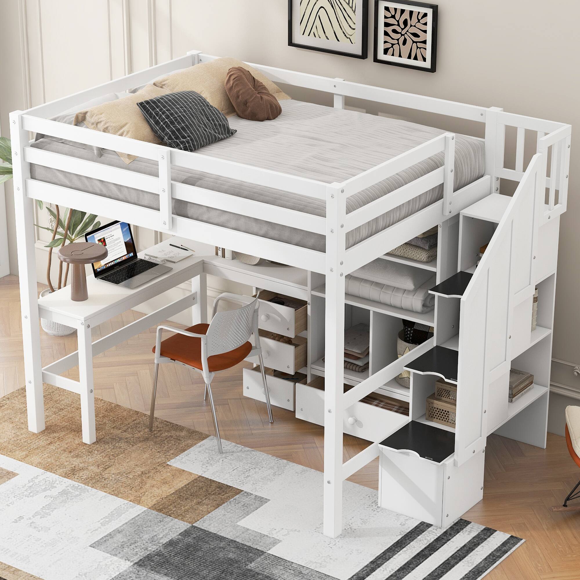 Tiramisubest Full Size White Pine Loft Bed with L Shaped Desk, Drawers ...