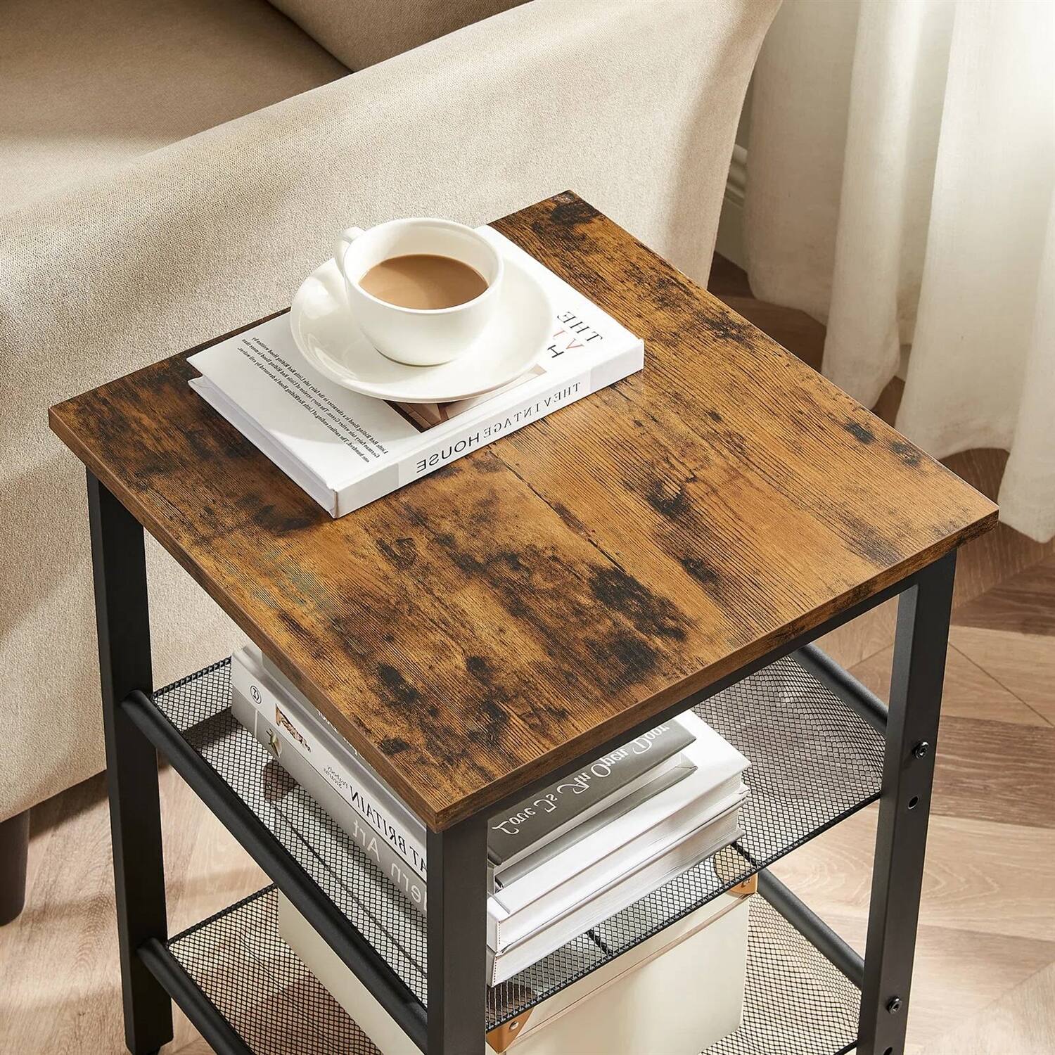 Hivvago Modern Industrial End Table Nightstand With Metal And Wood Top ...
