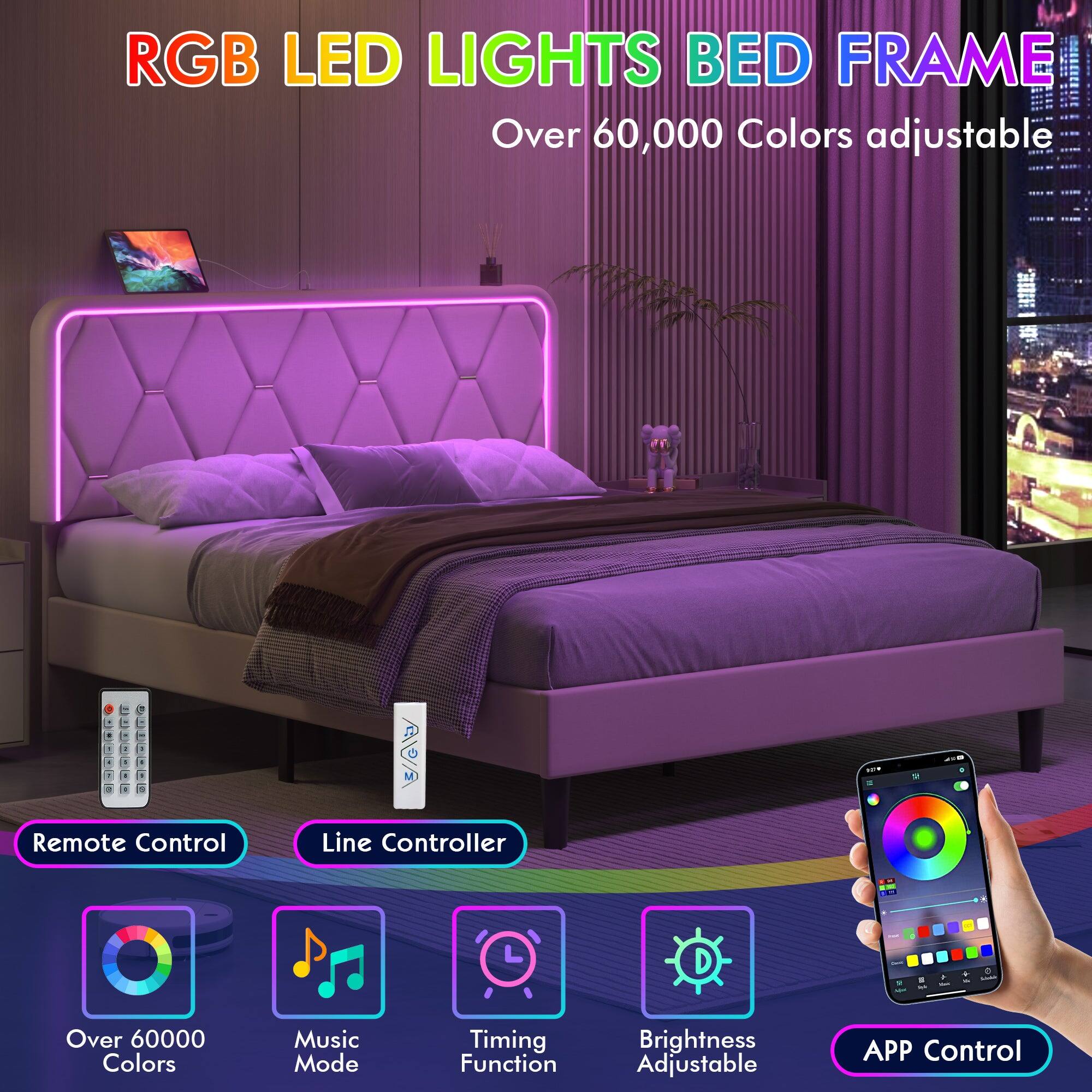 Vecelo Queen LED Bed Frame with RGB Headboard Velvet Upholstered ...
