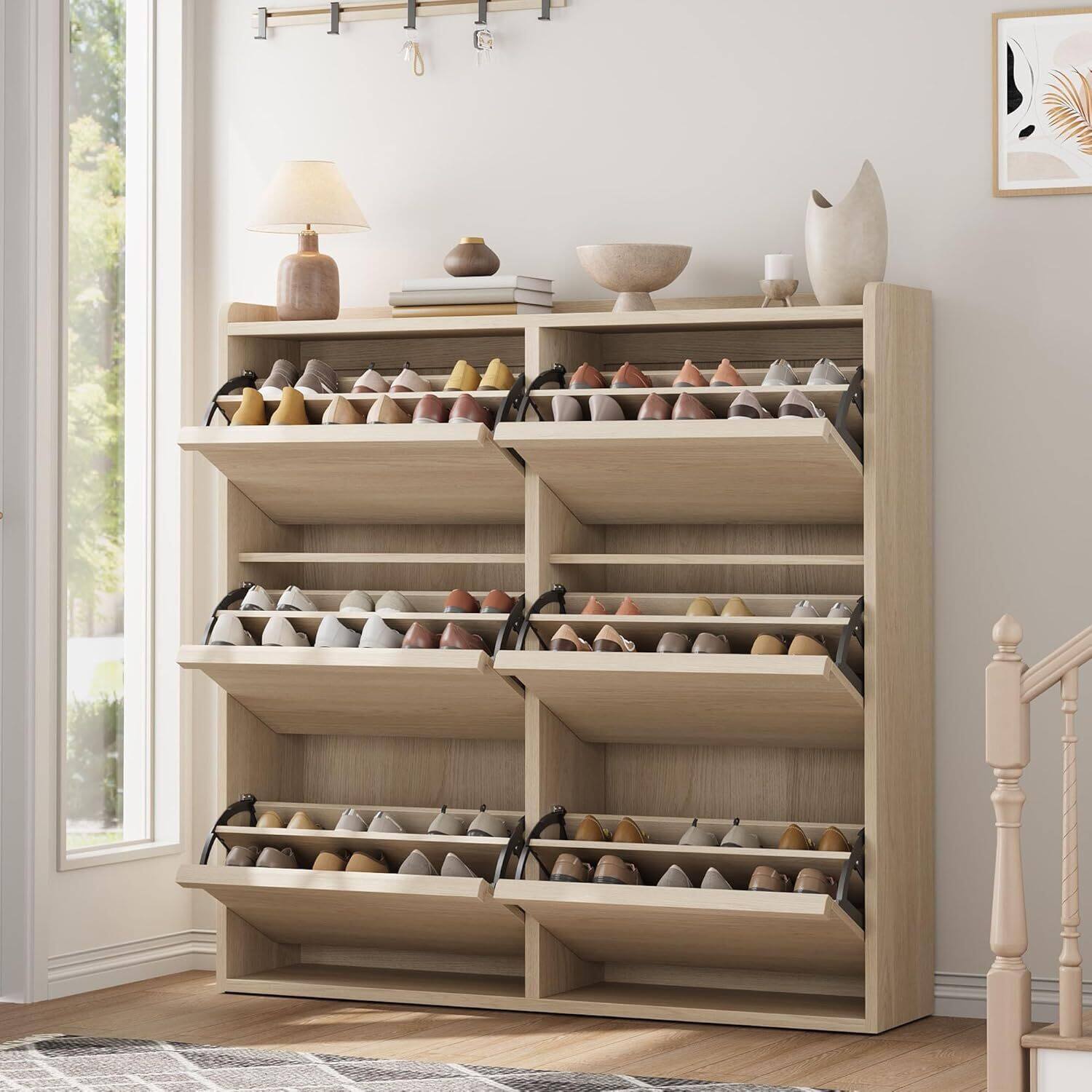 Qeetex Shoe Cabinet with 6 Flip Drawers, Wooden Shoe Organizer Cabinet ...