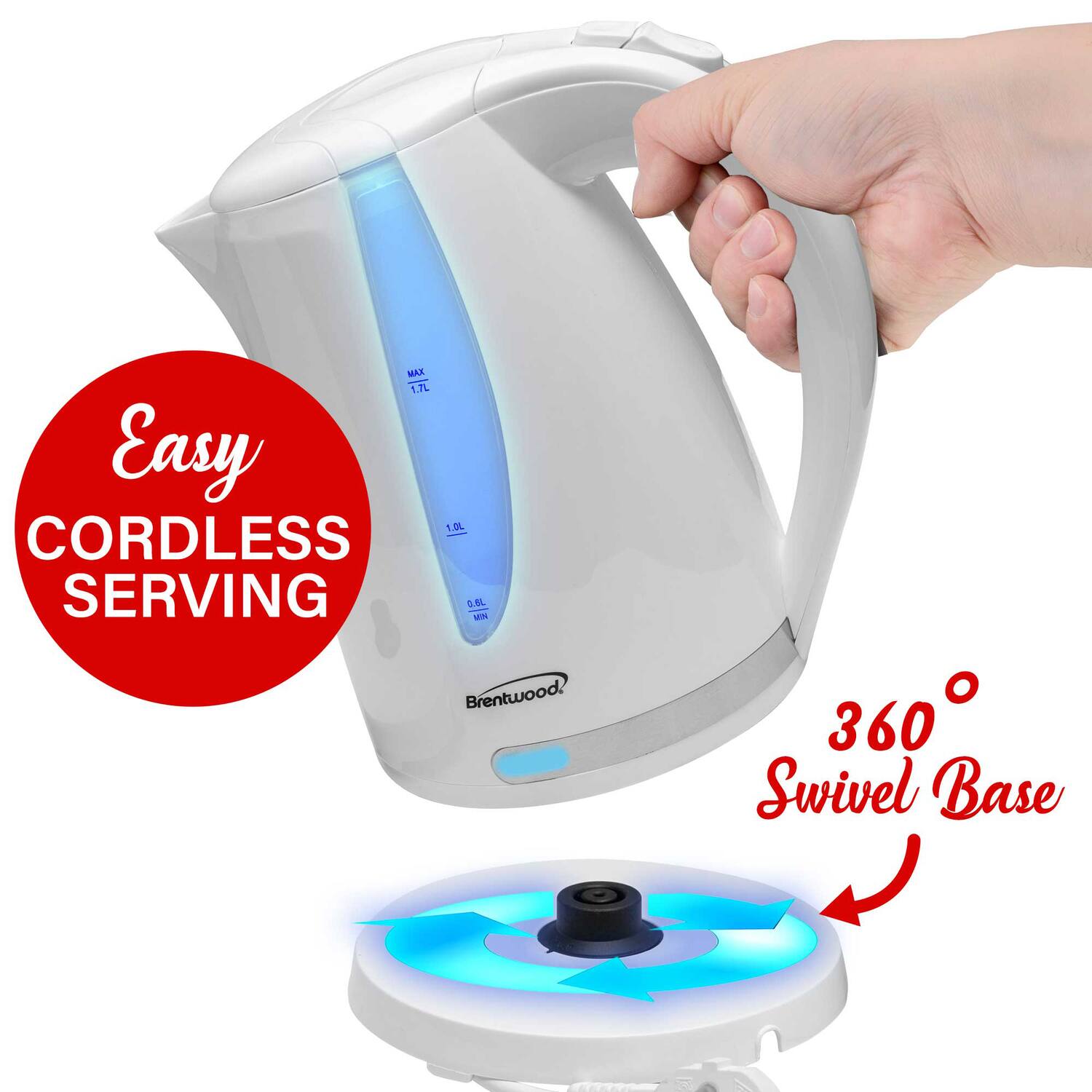 Brentwood Kt 1616w 1,100 watt Cordless Electric Kettle With Concealed Stainless Steel Heating ...