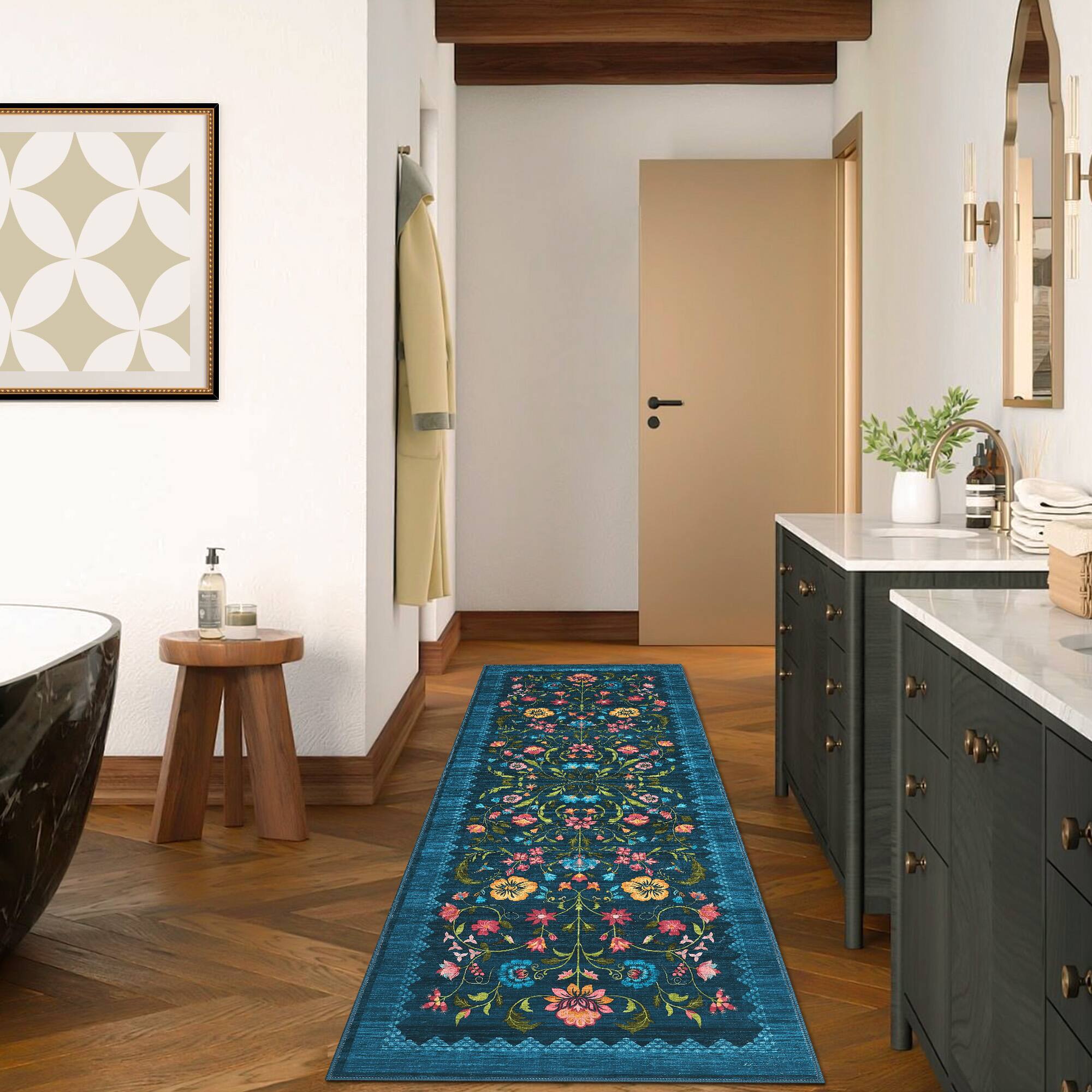 GARVEE Modern Pastoral Flower Print Area Rug Low Pile Washable Non Slip Stain Resisitant Mat for ...