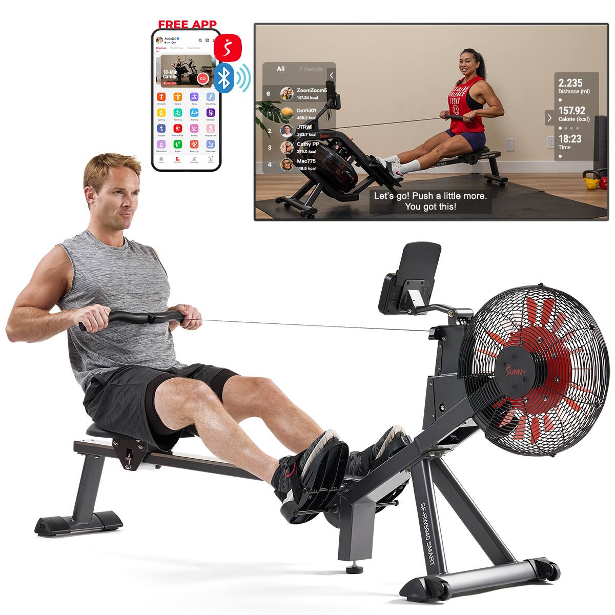 Sunny Health & Fitness Premium Smart Magnetic Air Rower with Extended ...