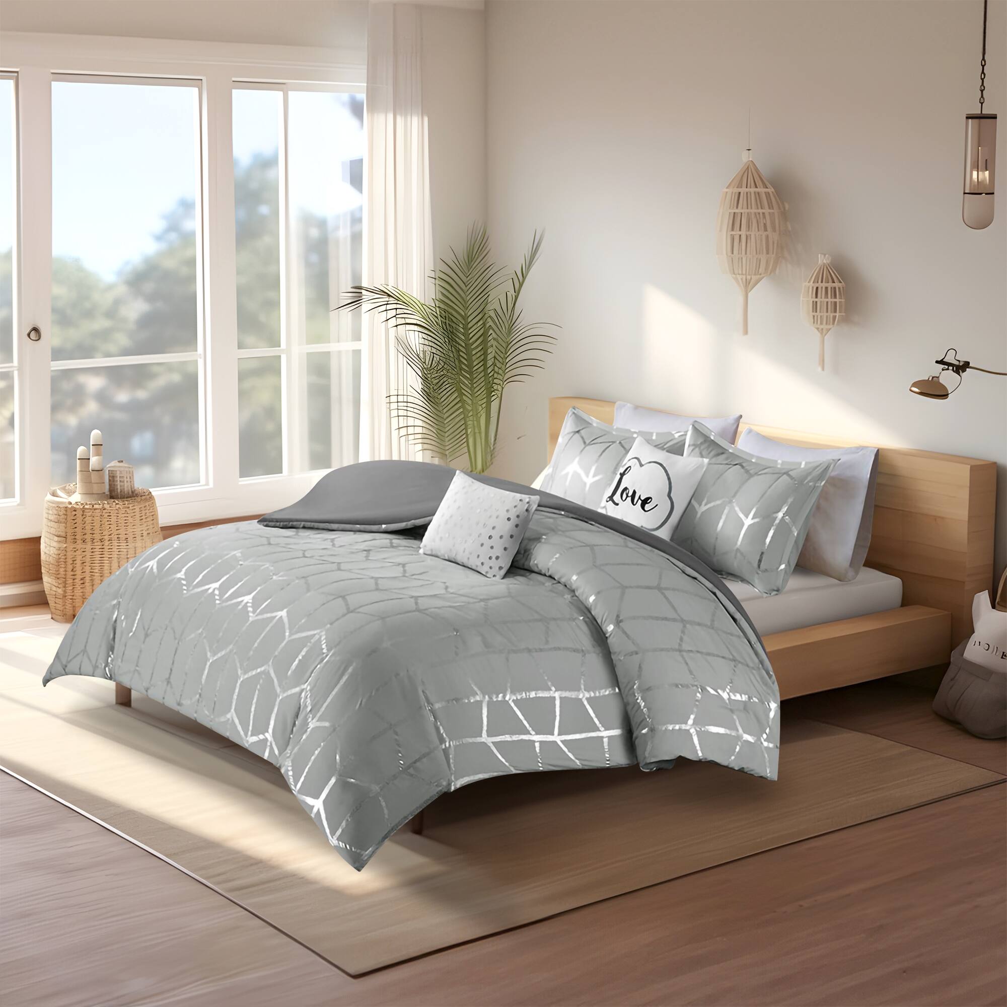 Gracie Mills Isabelle Metallic Geometric Duvet Cover Set Grey/Silver ...