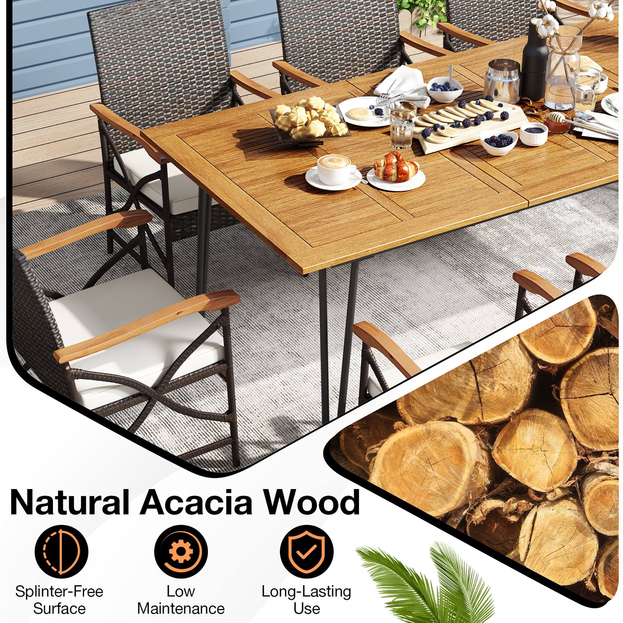 Gymax 9 PCS Outdoor Patio Dining Set Armchairs Set of 8 & Acacia Wood ...