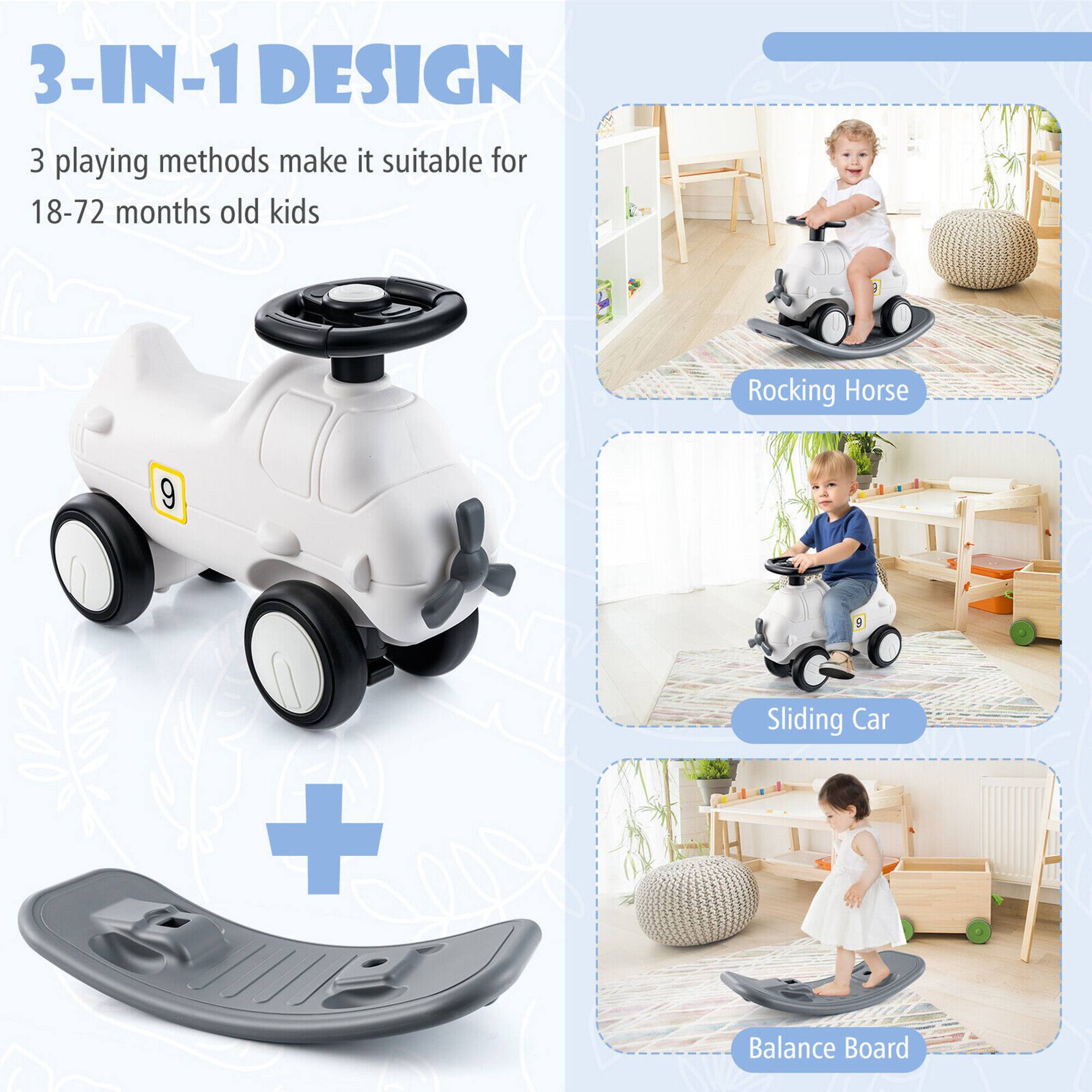 Gymax 3 in 1 Rocking Horse & Sliding Car w/ Detachable Balance Board ...