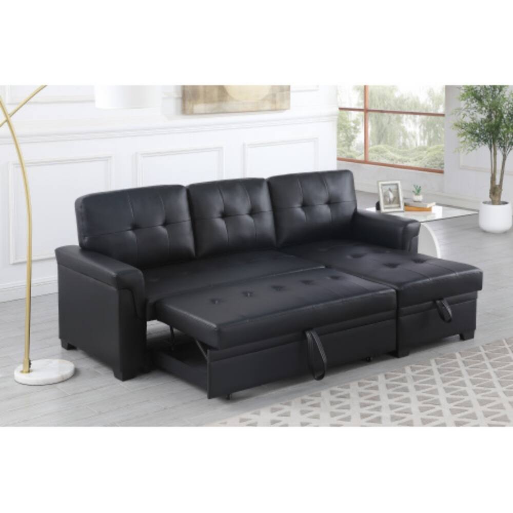 LUCKY ONE 84" Black Vegan Leather Reversible Sleeper Sectional Sofa ...
