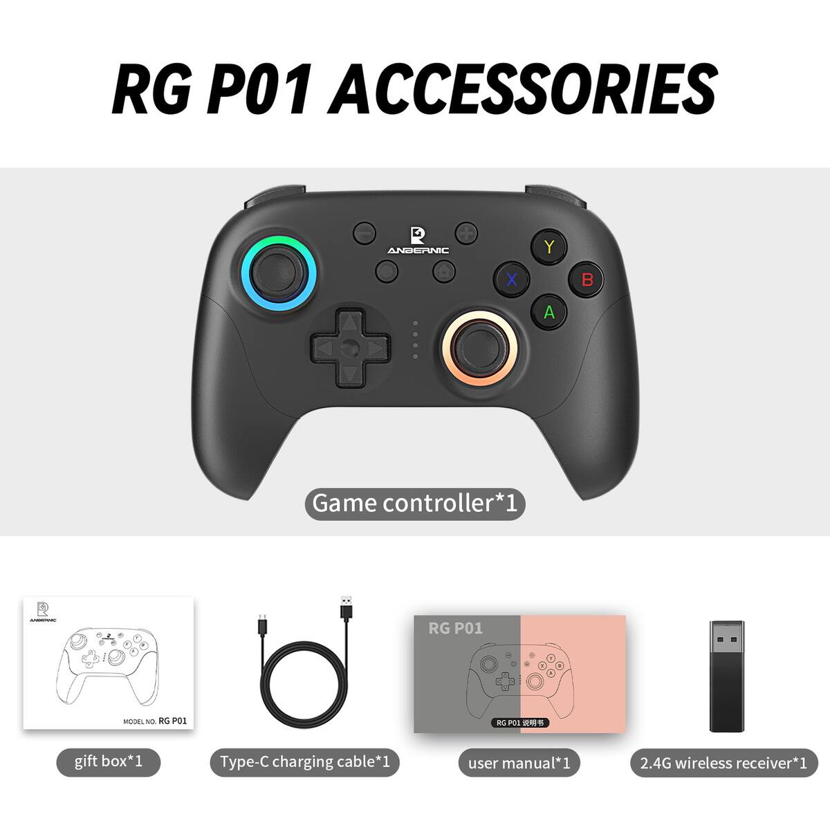 RG P01 Wireless Game Controller with Hall Joysticks RGB Lights and 3 Mode Connection for PC ...