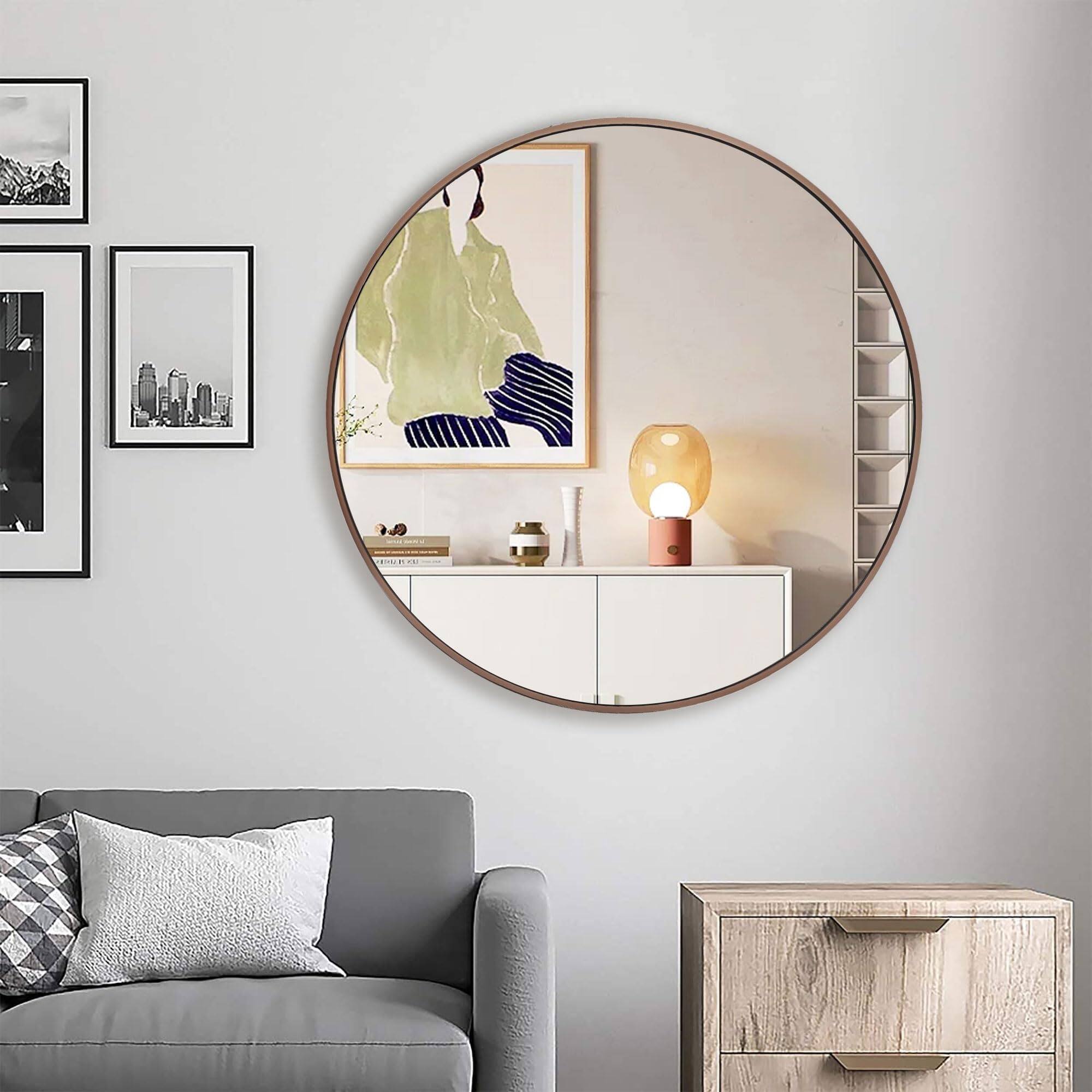 Cedar Assembly Circle Wall Mirror Brushed Bronze Metal Framed Round For ...