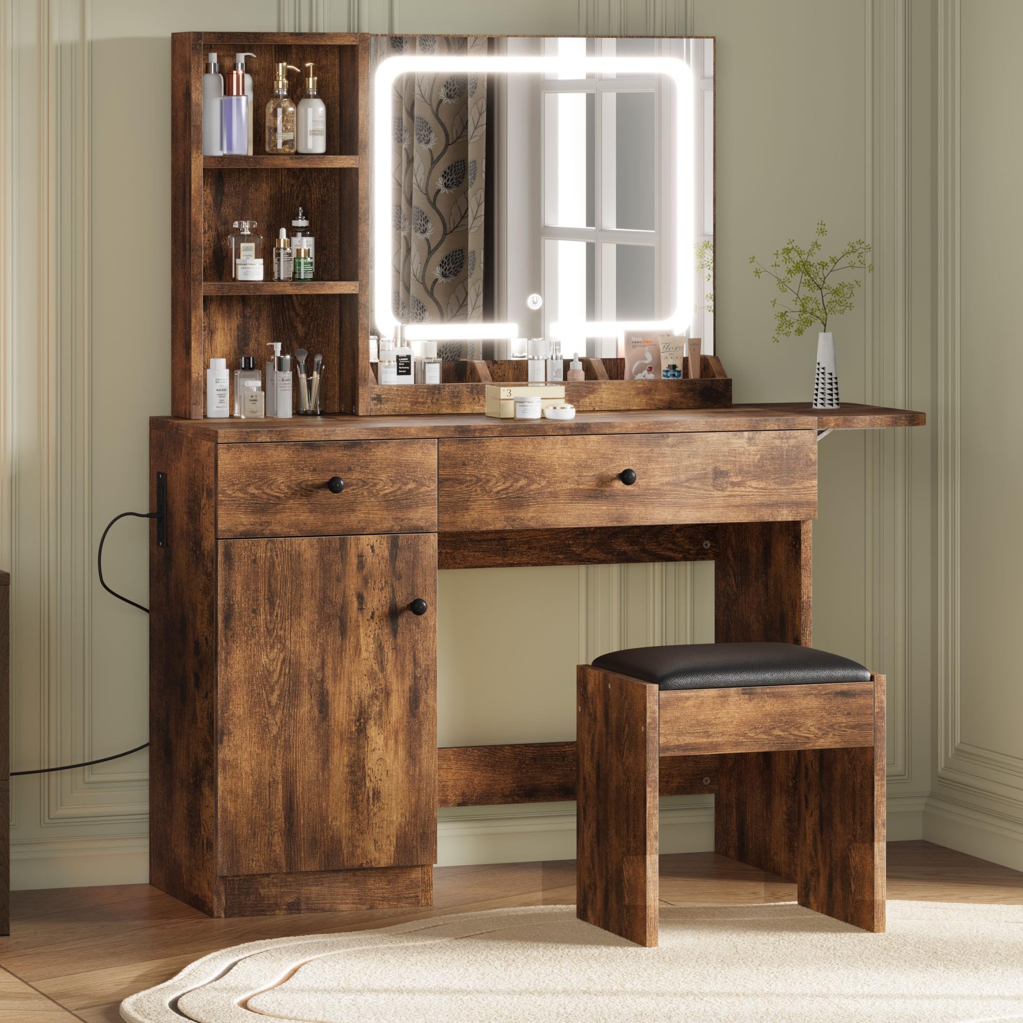 Jojoka Vanity Desk with Lighted Mirror & Power Outlet, Makeup Table ...